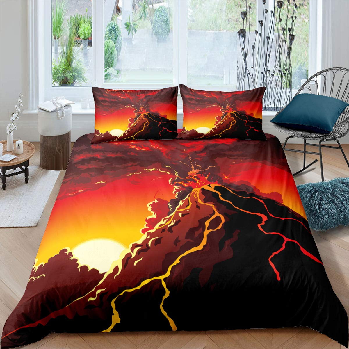 Volcano Eruption Disaster Printed Duvet Cover Pattern Red Yellow Lava ...