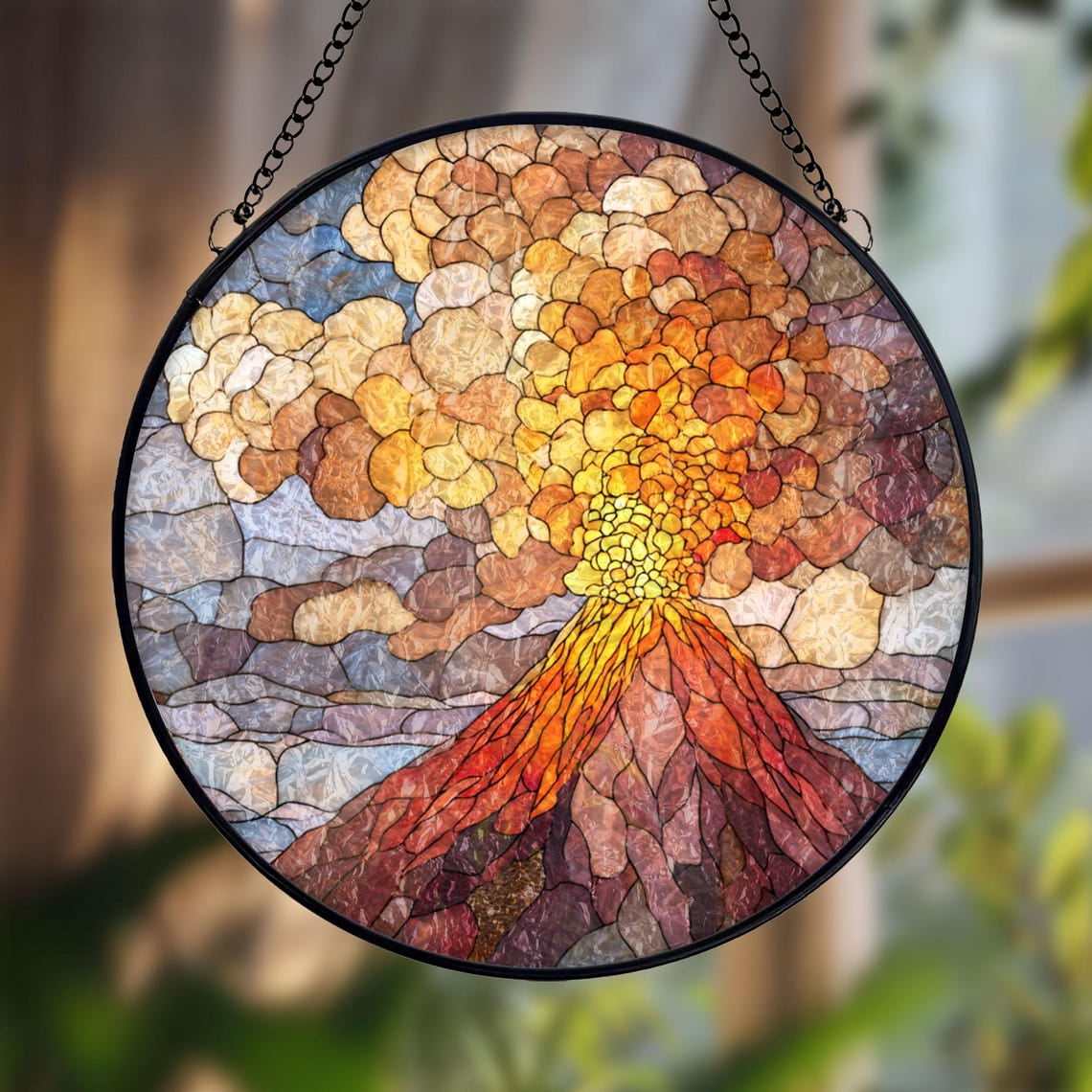 Volcano Eruption Glass Suncatcher, Lava Mountain Nature Gift, 6.3 in ...