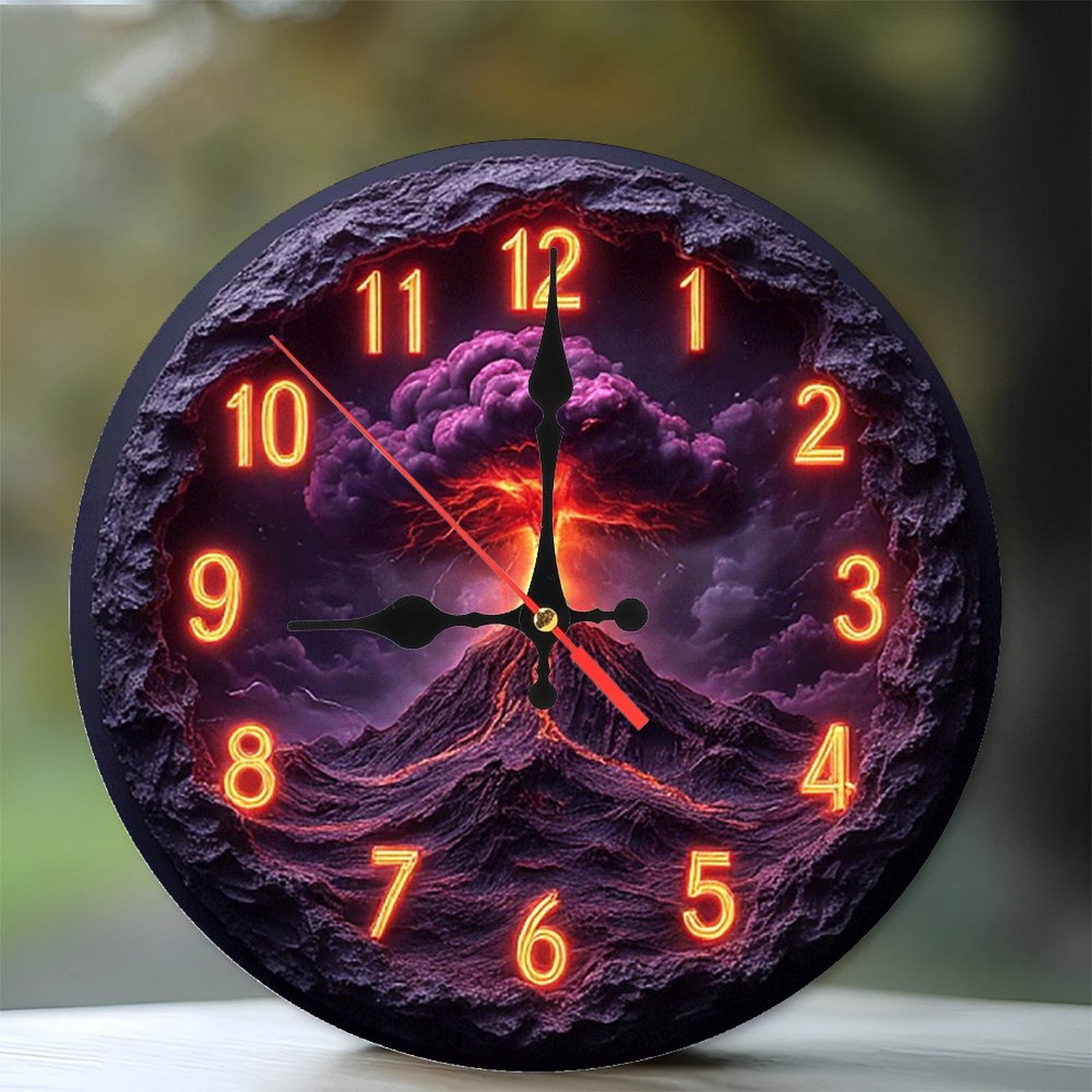 Volcano Eruption Neon Clock Wall Art Decor 10-Inch Silent Wooden Wall ...