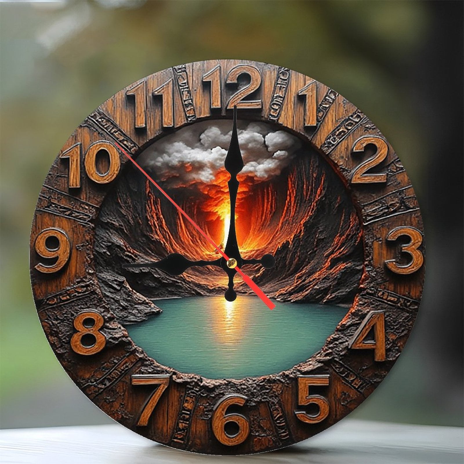 Volcano Lake Landscape Wooden Wall Clock 10-Inch Silent Wooden Wall ...