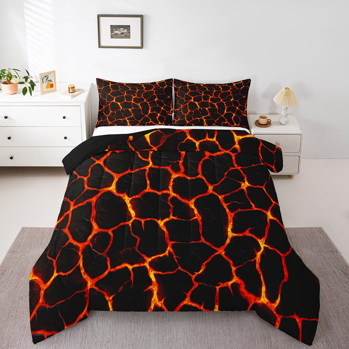 Volcano Lava Comforter Set King Size,Red Orange Flame 3D Geometric ...