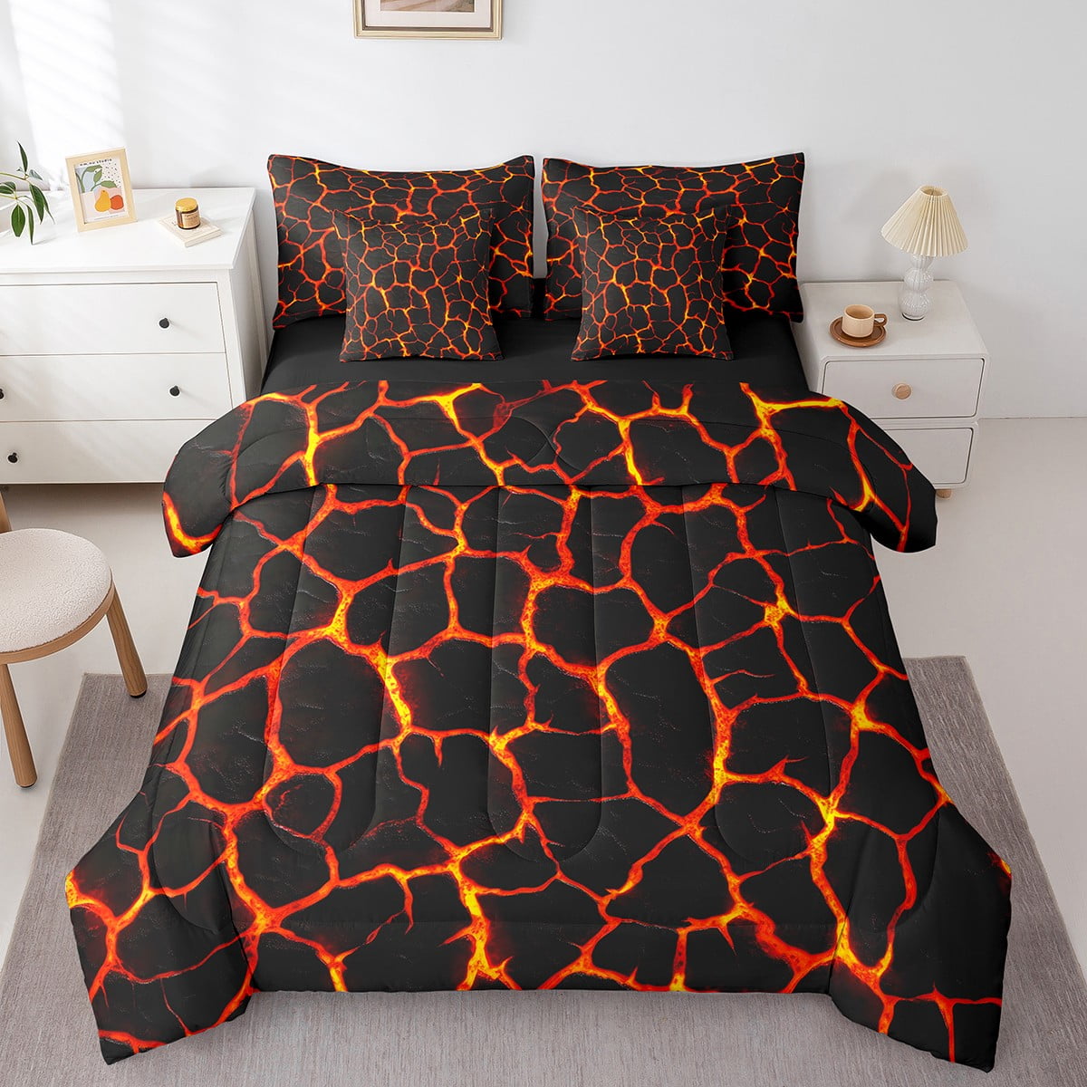 Volcano Lava Twin Bedding Set 7 Pieces,Red Orange Flame 3D Geometric ...