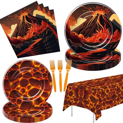 Volcano hot lava theme paper plates and napkins for a dinosaur birthday ...