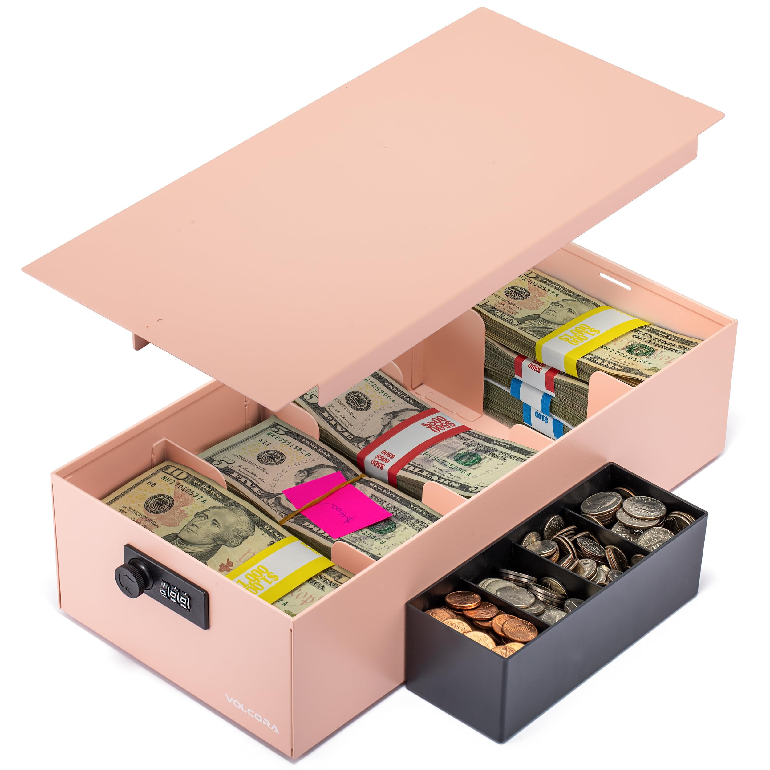 Volcora Metal Combination Lock Cash Box Money Organizer, 15” x 7.5” x 4 ...