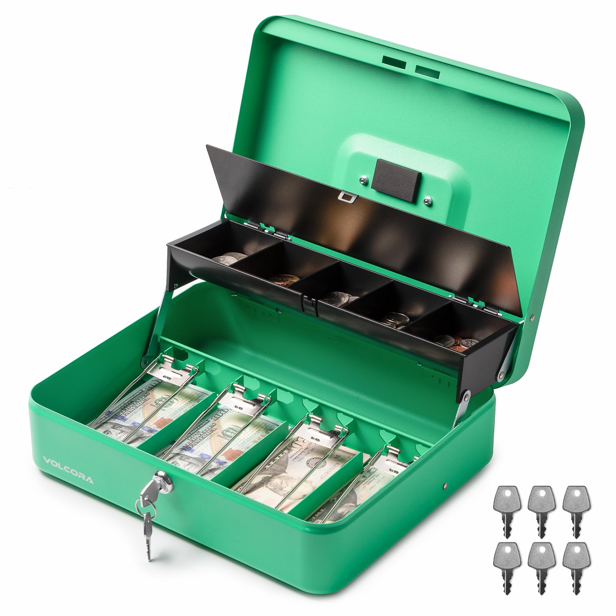 Volcora Portable Cash Box with Key Lock, Metal Money Saving Organizer ...