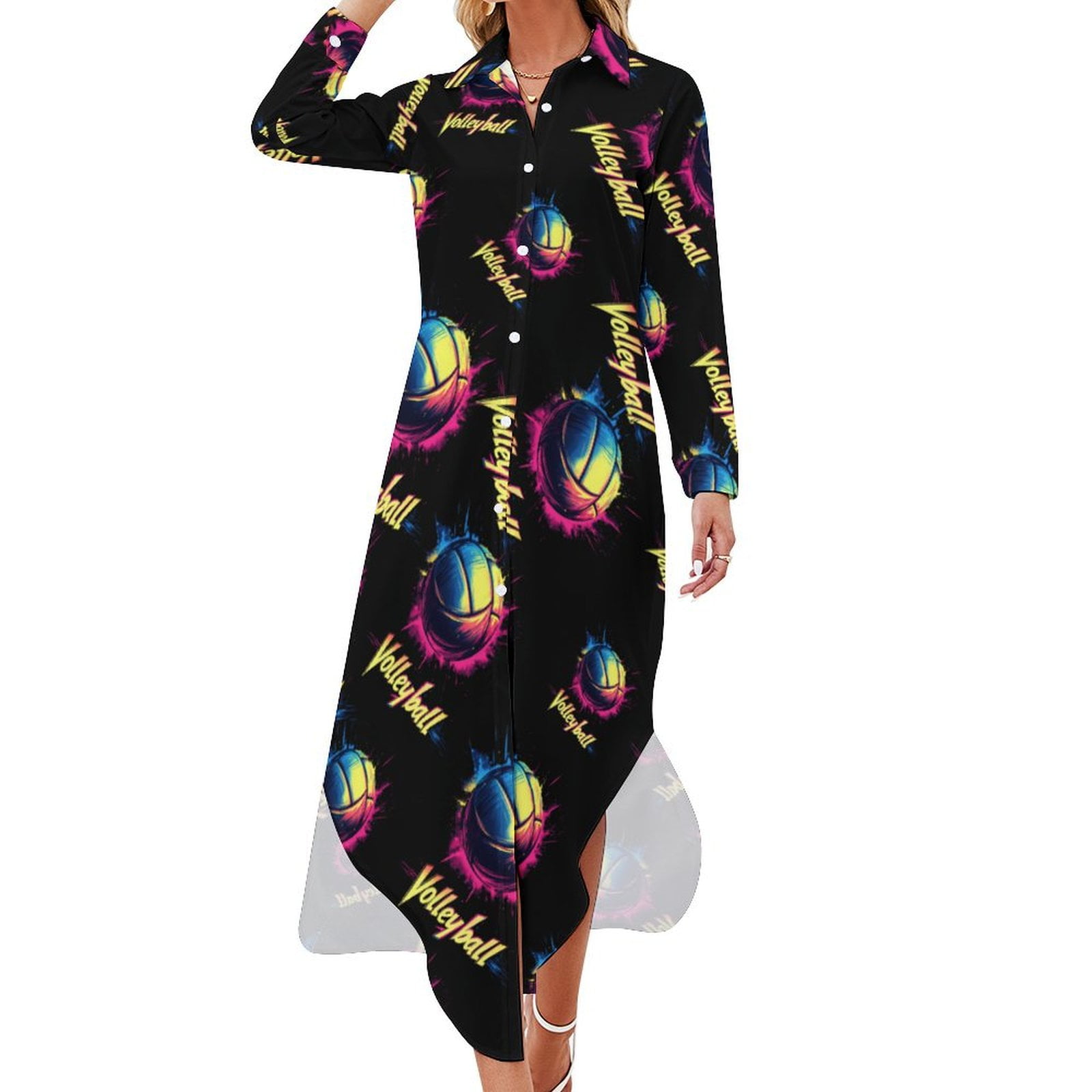 Volleyball Ball Women's Maxi T Shirt Dress Long Sleeve Lapel Summer ...
