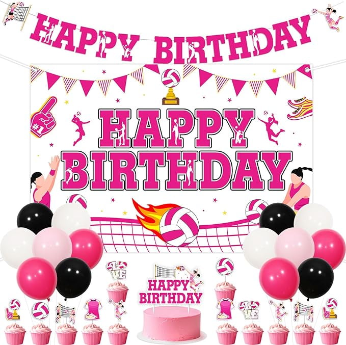 Volleyball Birthday Party Decor Pink 5*3ft Volleyball Happy Birthday ...