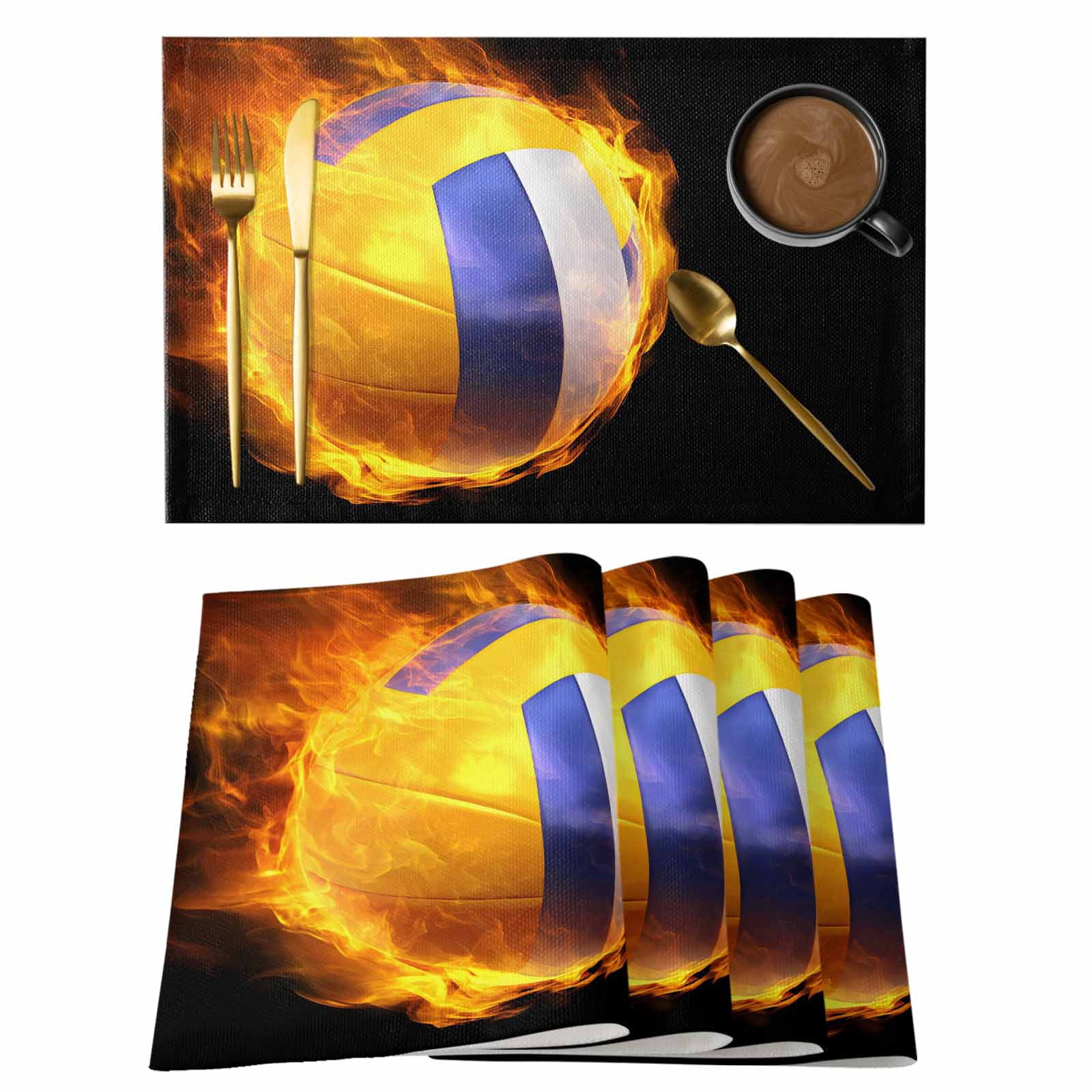 Volleyball Placemats Set of 6, Modern Buruning Flame Sport Black ...