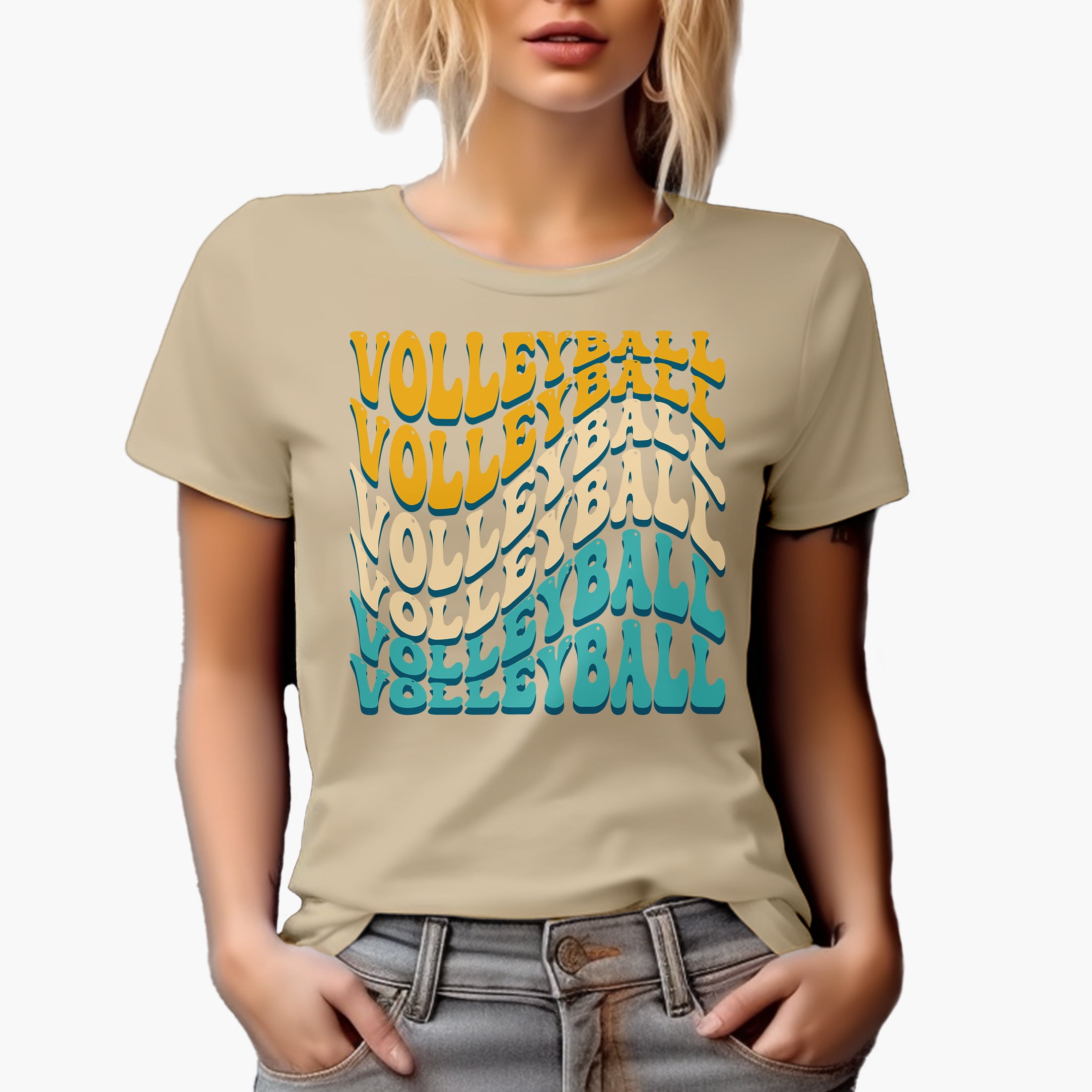 Volleyball, Sports Themed, Groovy Retro Wavy Text Merch Gift, Tan T ...
