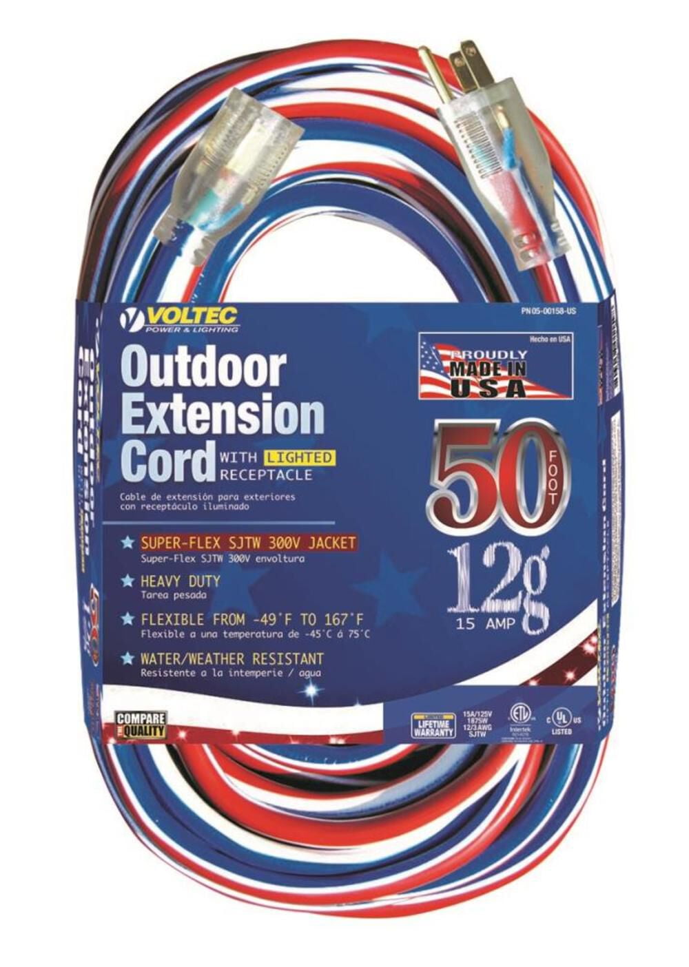 Voltec 50Ft 12/3 Sjtw Red/white/blue Extension Cord With Lighted Ends ...