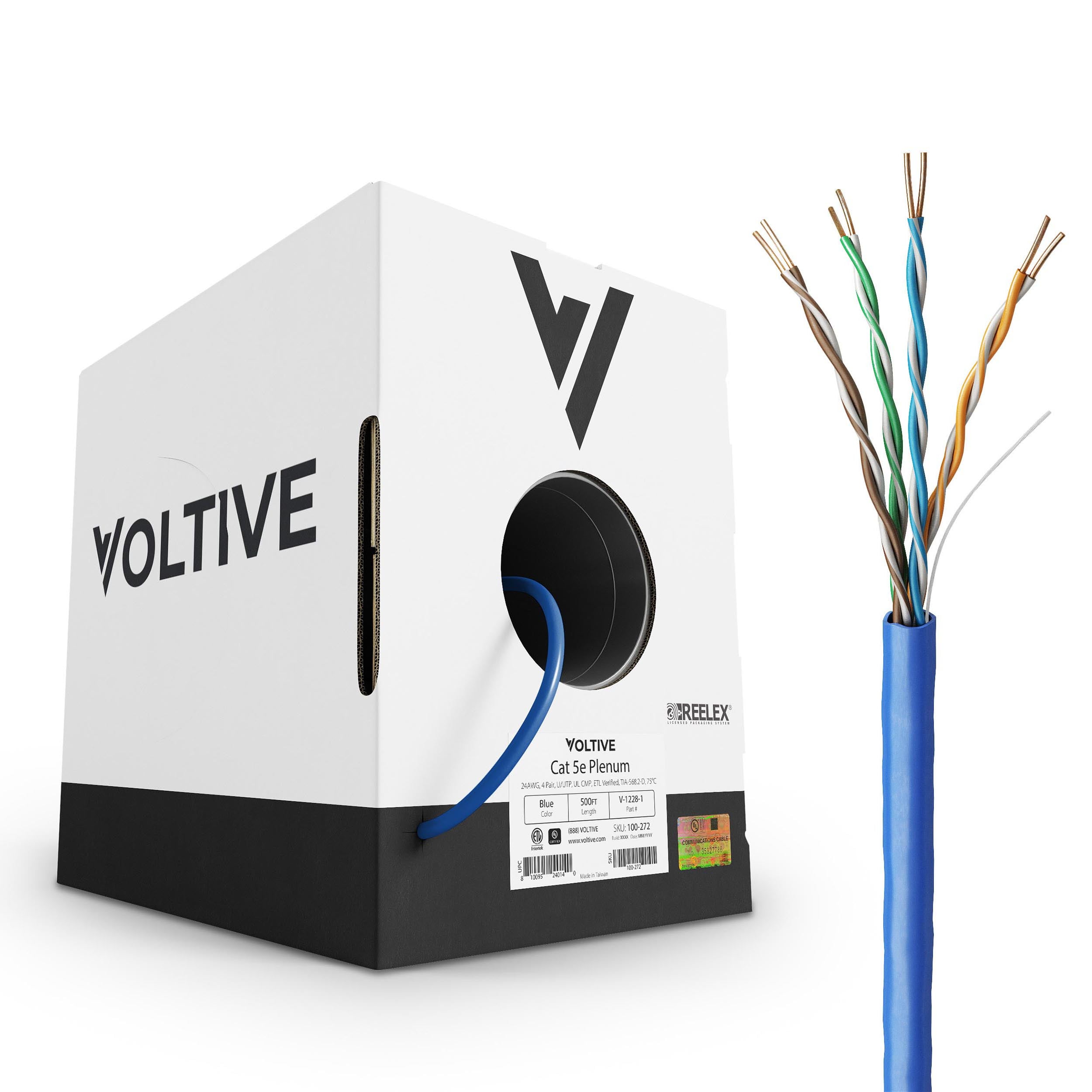 Voltive Cat5e Plenum (CMP), 500ft, Blue - Solid Bare Copper Bulk ...