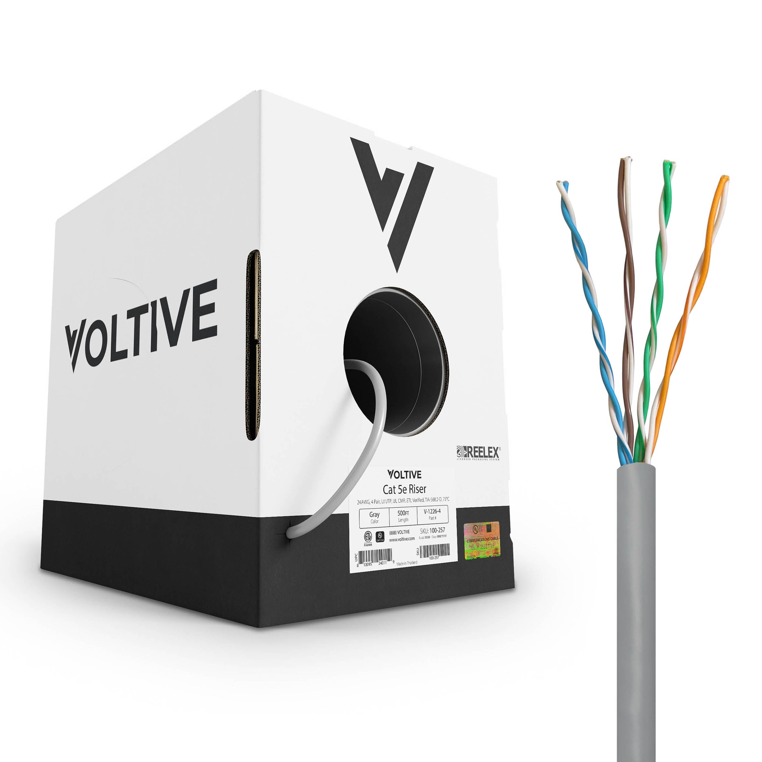Voltive Cat5e Riser (CMR), 500ft, Gray - Solid Bare Copper Bulk ...