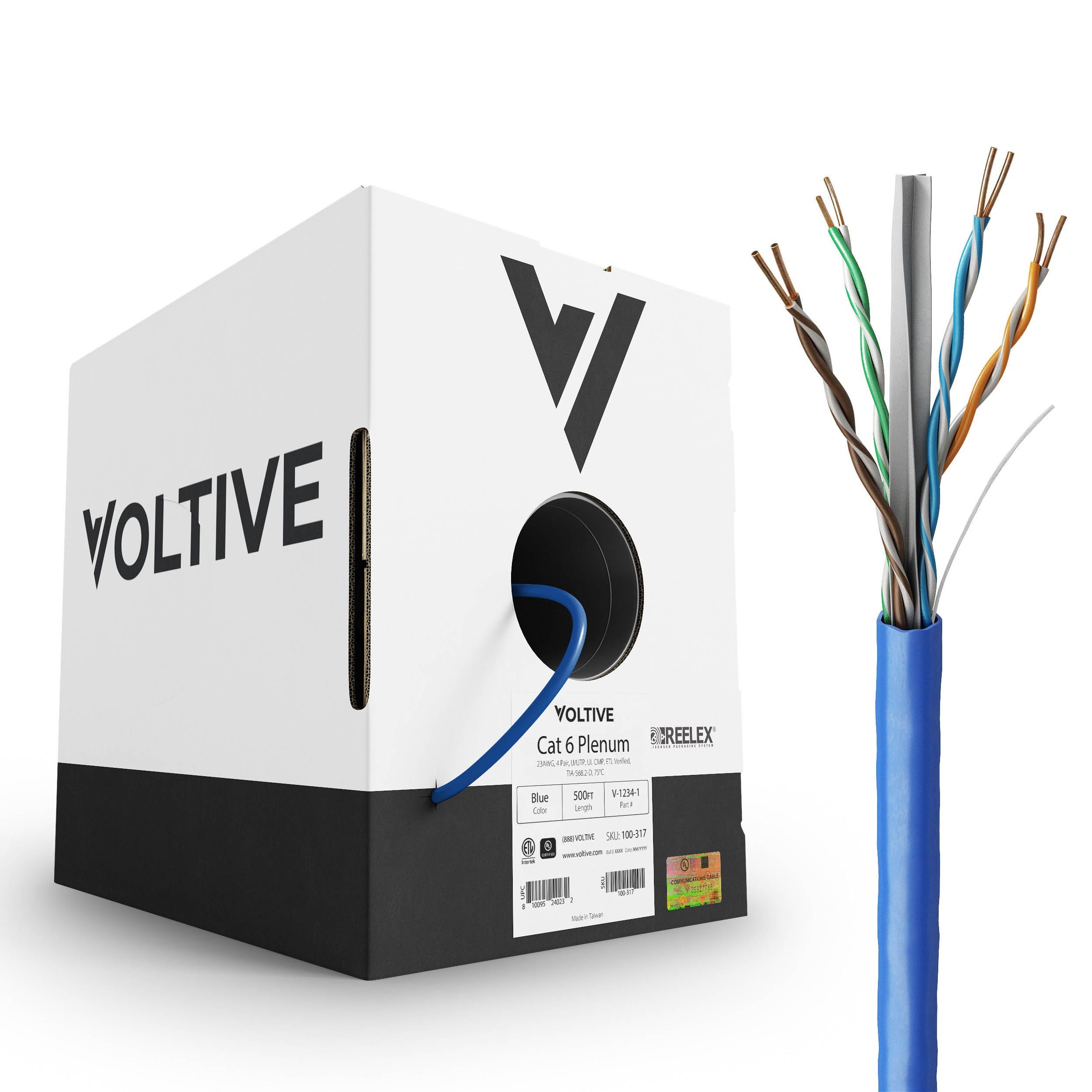Voltive Cat6 Plenum (CMP), 500ft, Blue - Solid Bare Copper Bulk Ethernet Cable - UTP - 600MHz ...