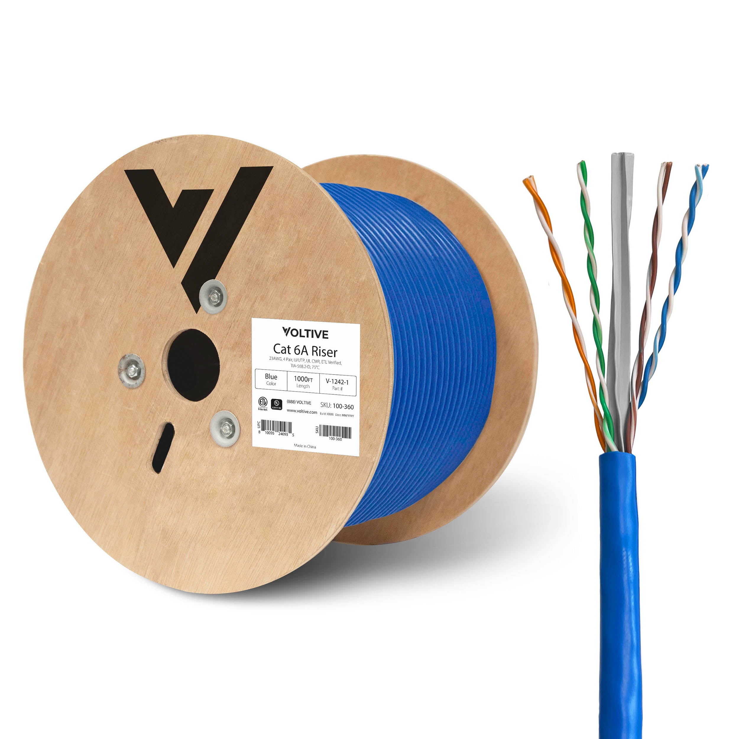 Voltive Cat6A Riser (CMR), 1000ft, Blue - Solid Bare Copper Bulk Ethernet Cable - UTP - 500MHz ...