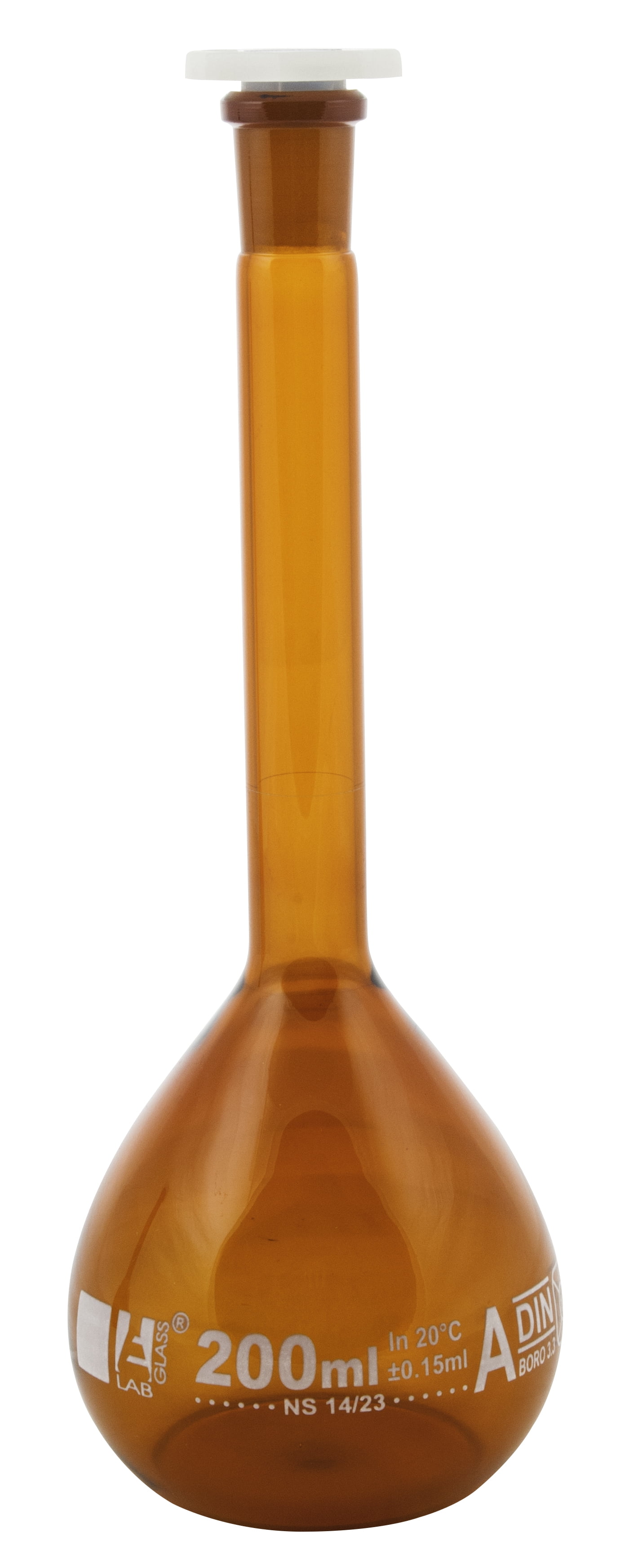 Volumetric Flask, 200ml - Amber - Fitted with 14/23 Polypropylene ...