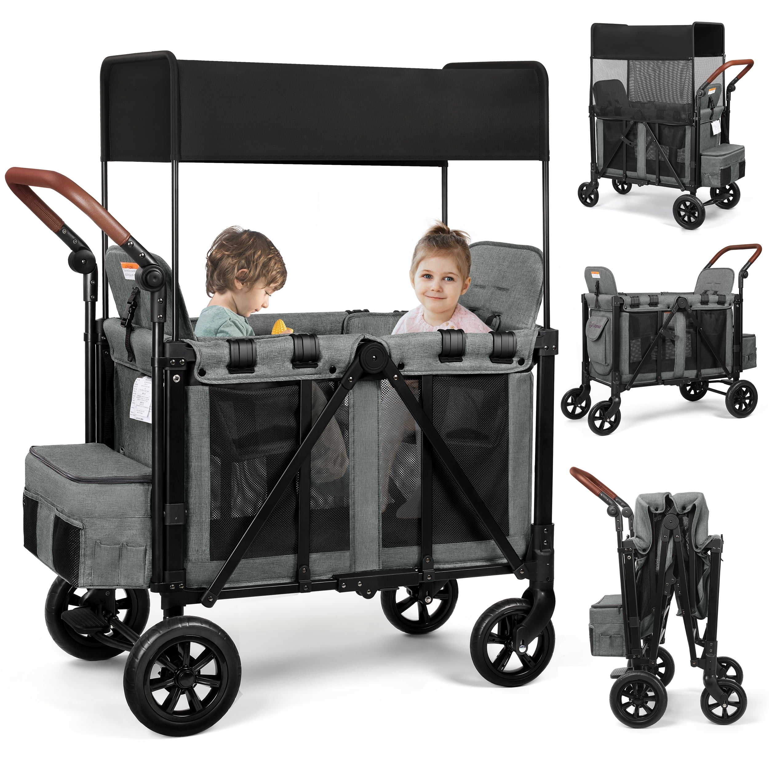 Vomeast Wagon Stroller for 2 Kids, 4-in-1 Wagon Stroller with Canopy, Adjustable Handlebars ...