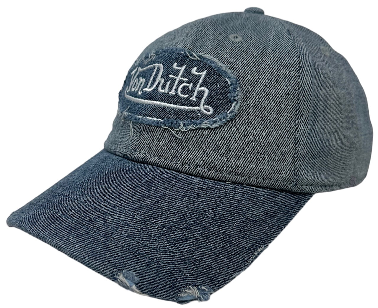 Von Dutch Strapback Hat Blue Denim Distressed Rips Unstructured Dad Cap ...