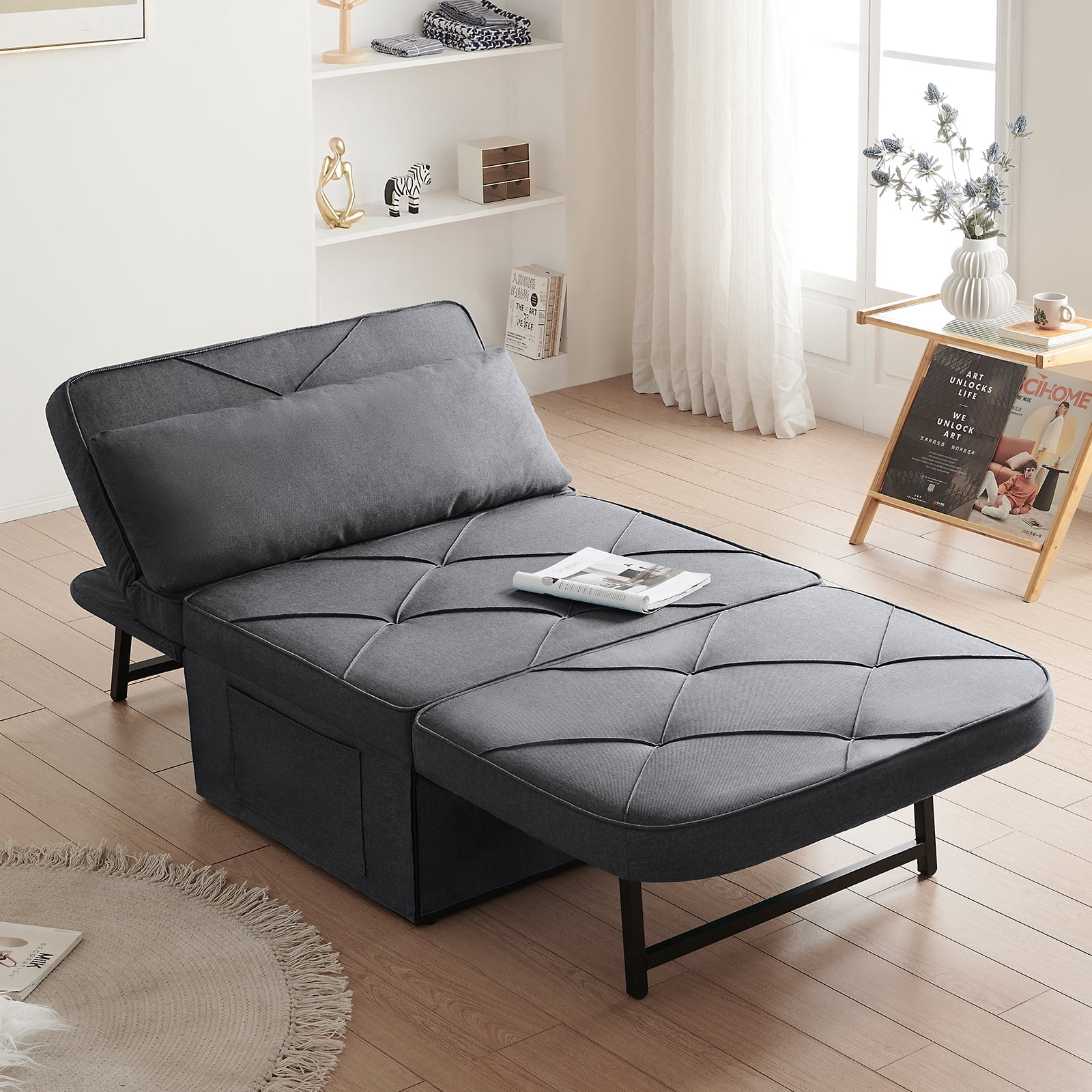 Vonanda Modern Linen and Metal Adjustable Backrest Storage Sleeper Sofa ...