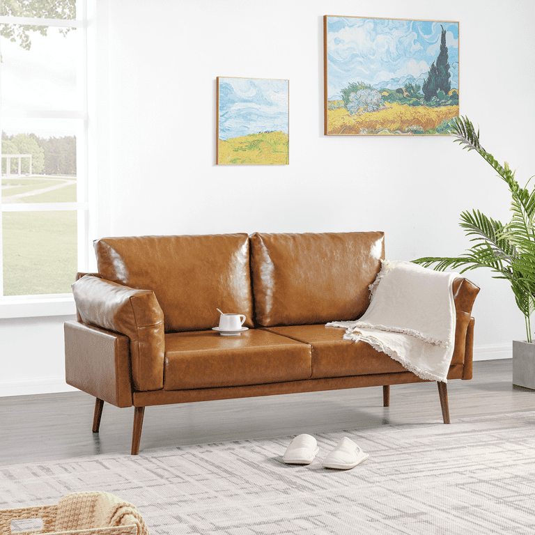 Vonanda Faux Leather Loveseat Sofa 59 Brown Love seat 2 Seater Sofa for Living Room Caramel