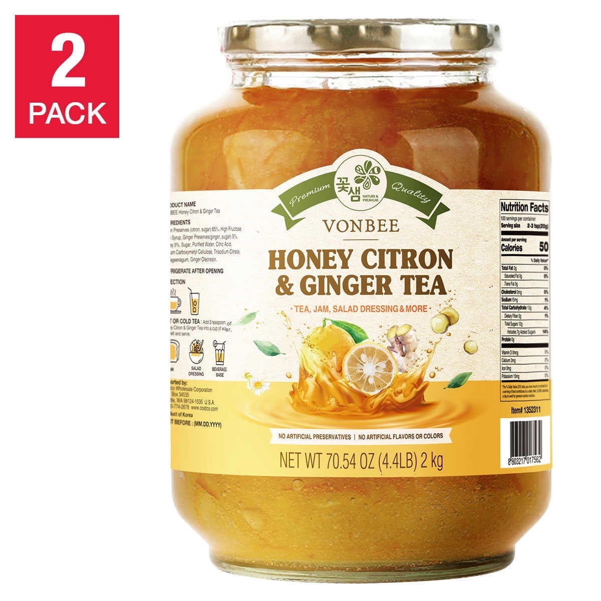 Vonbee Premium Honey Citron & Ginger Tea, 4.4 lb, 2-pack, No Artificial ...
