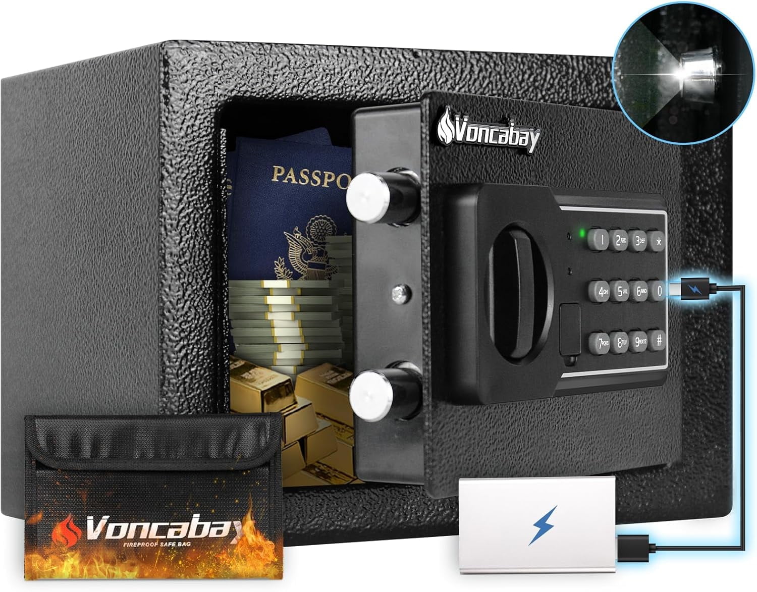 Voncabay, Fireproof Money Safe Box with Digital Keypad, 9"x6.6"x6.5 ...