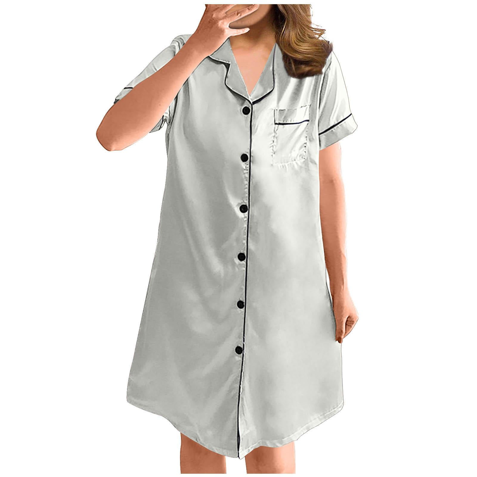 Voncos Nightgowns for Women Solid Color Button Up Silk Shirt Short ...