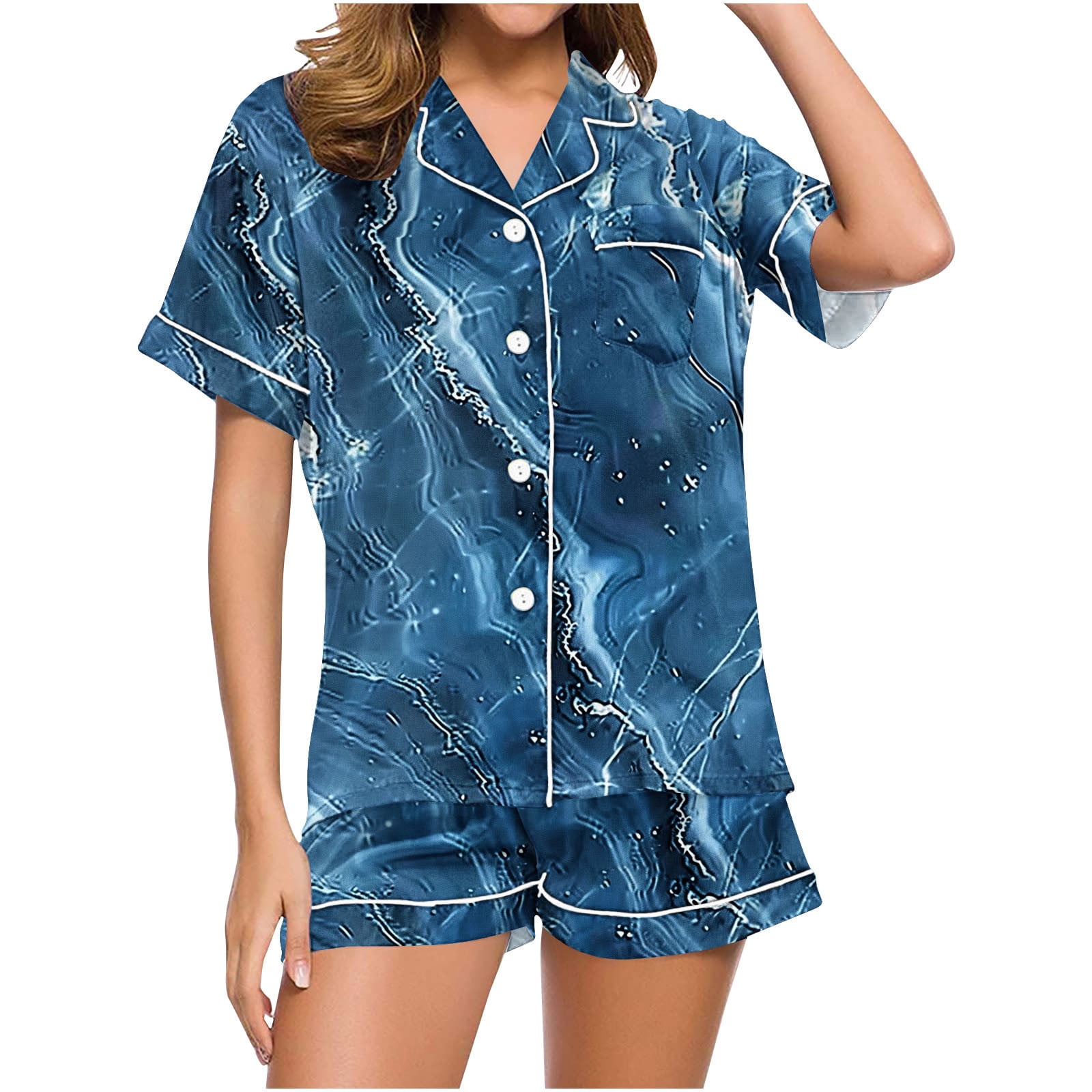 Voncos Pajama Sets for Women Soft 2 Piece Lapel Retro Button Top Shorts ...