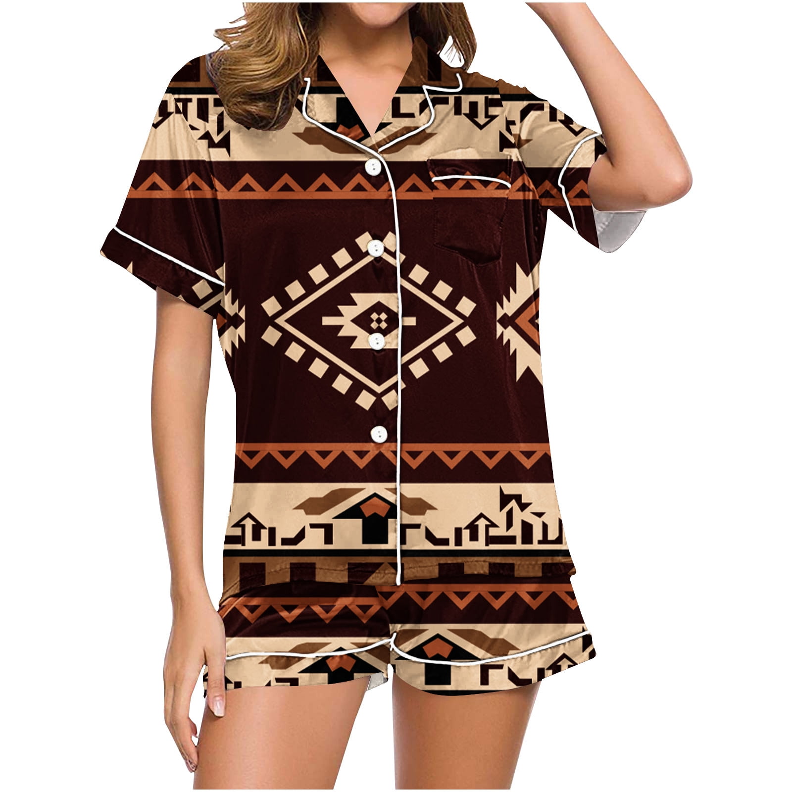 Voncos Pajama Sets for Women Soft 2 Piece Lapel Retro Button Top Shorts ...