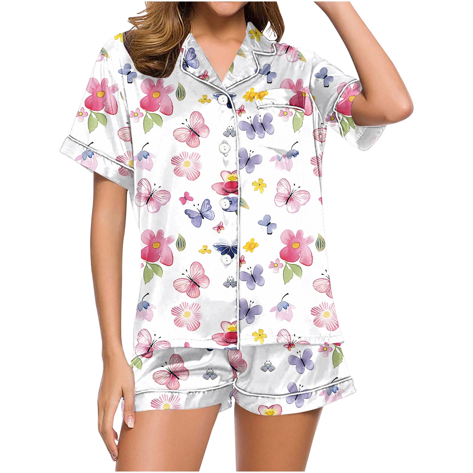 Voncos Pajama Sets for Women Soft 2 Piece Retro Print Lapel Top Shorts ...