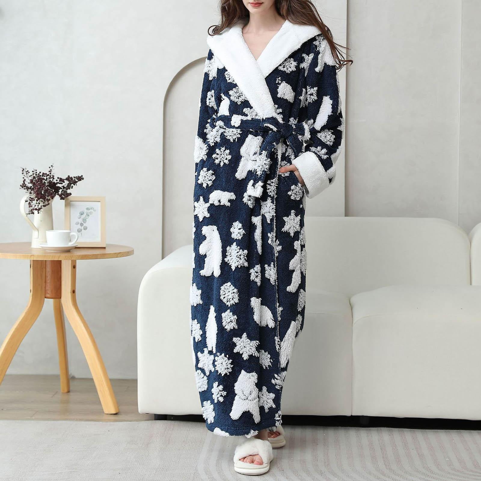 Voncos Plush Robes for Women Lapel Splicing Together Snowflake Print ...
