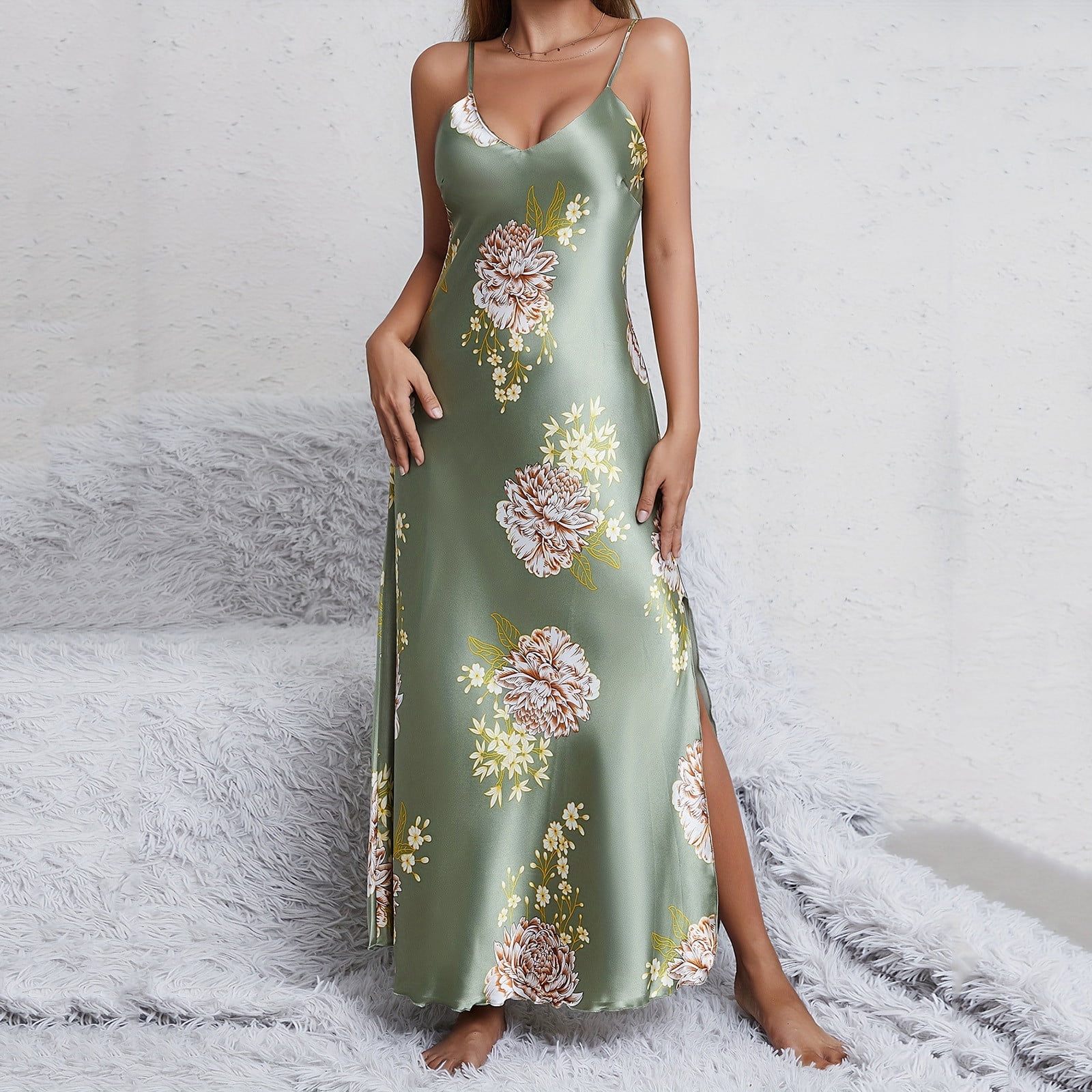 Voncos Silk Nightgowns for Women Floral Satin Spaghetti Strap Nightgown ...