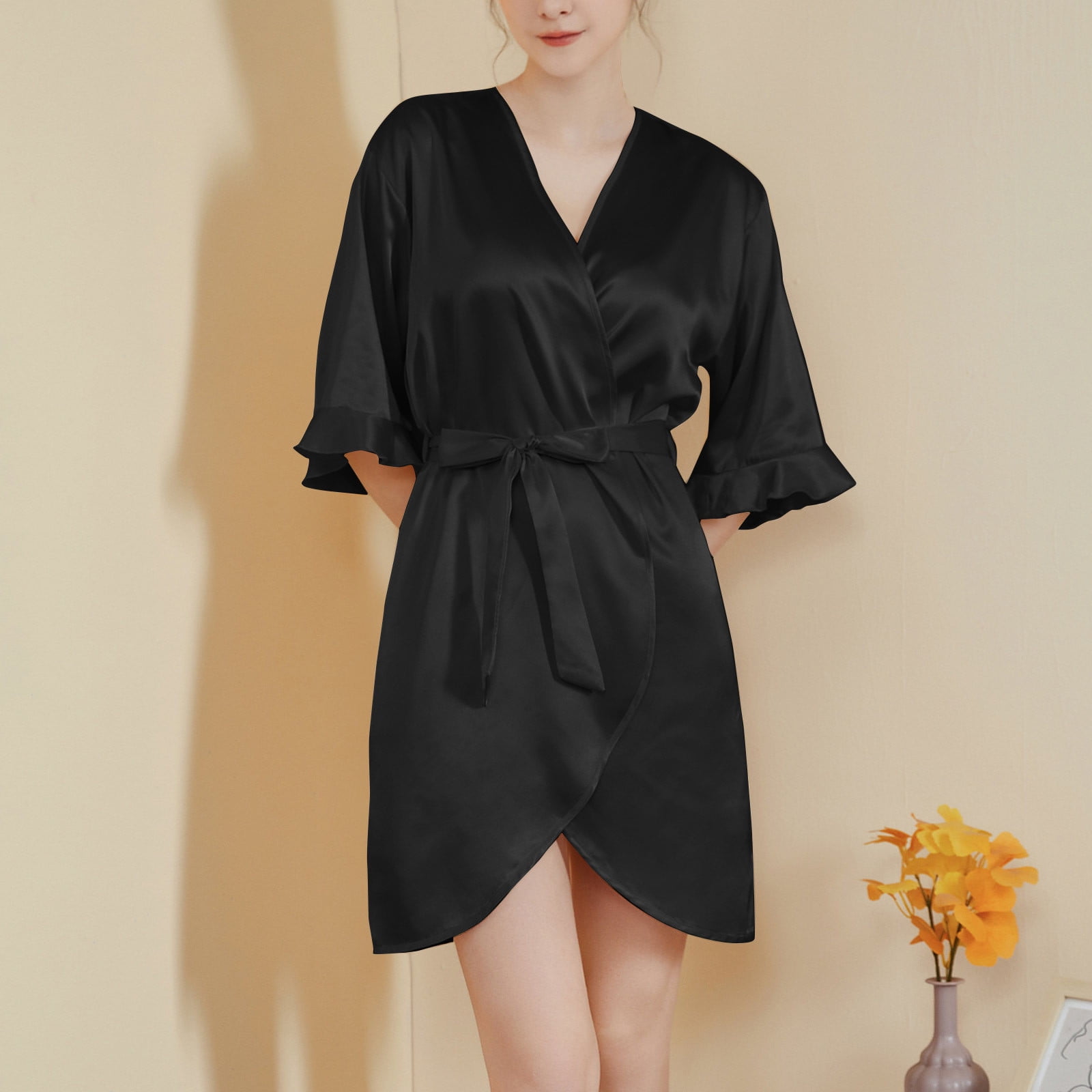 Voncos Silk Robes for Women Lace-up Satin Kimono Robe Cozy Nightgown ...