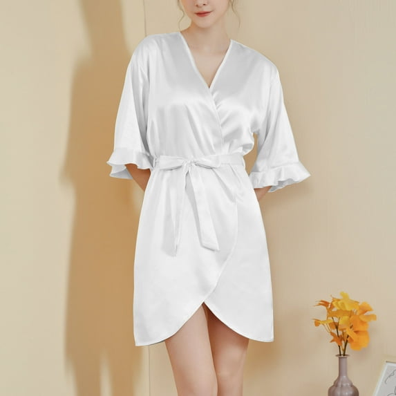 Voncos Silk Robes for Women Lace-up Satin Kimono Robe Cozy Nightgown ...