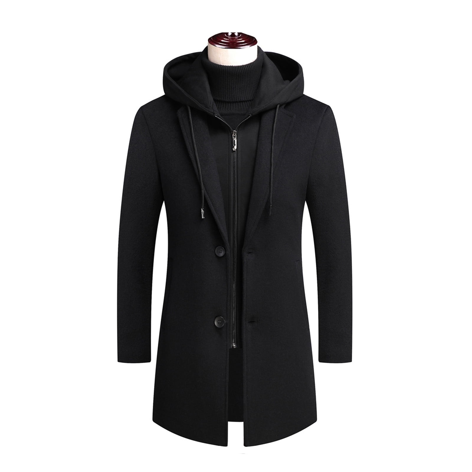 Voncos Winter Coat for Men Hooded Woolen Peacoat Business Trench Coat ...