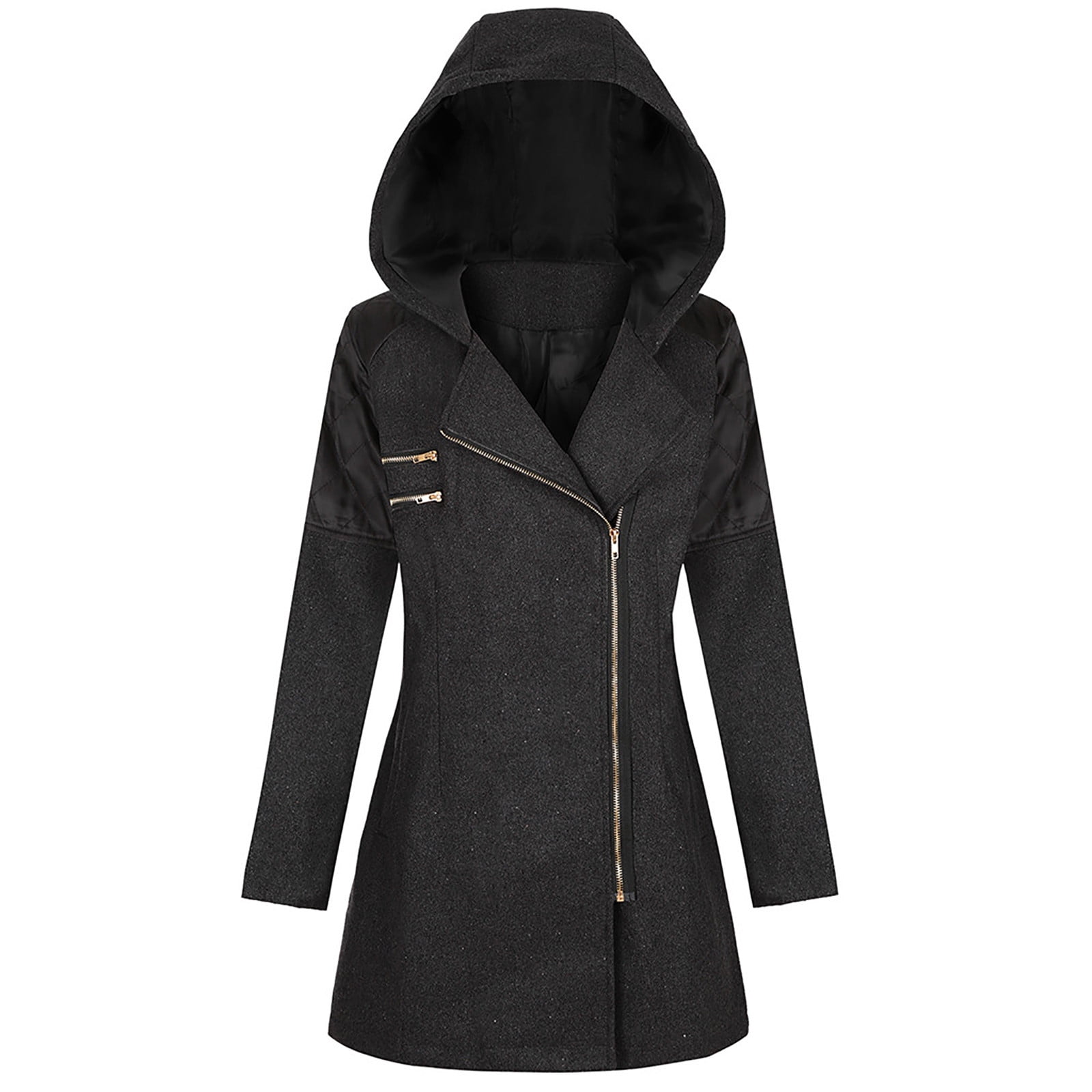 Voncos Winter Coat for Womens Hooded Woolen Peacoat Casual Zipper ...