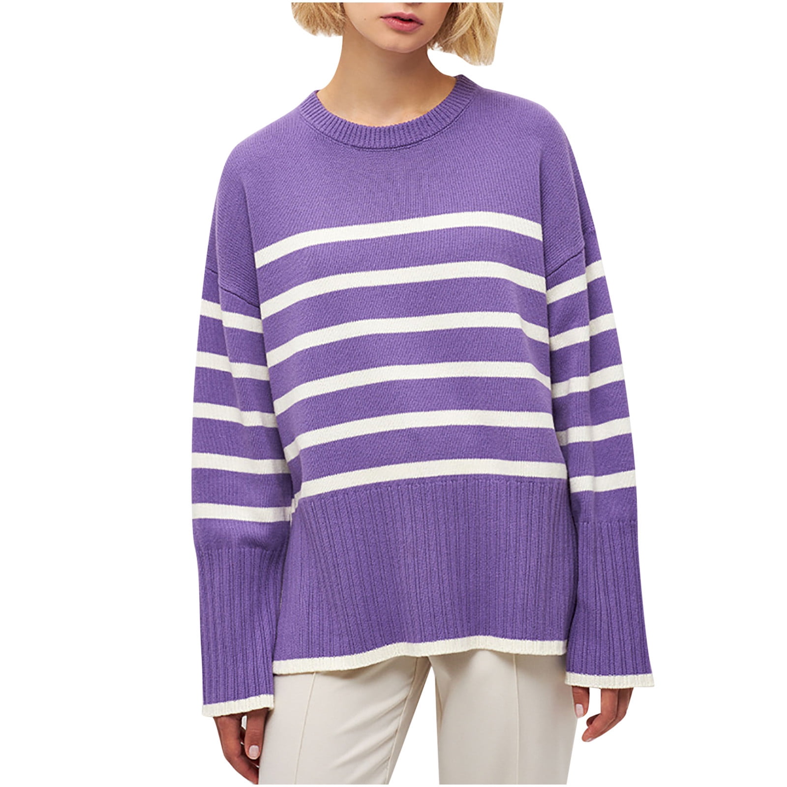 Voncos Women Striped Sweater Loose Autumn Winter Round Neck Casual ...