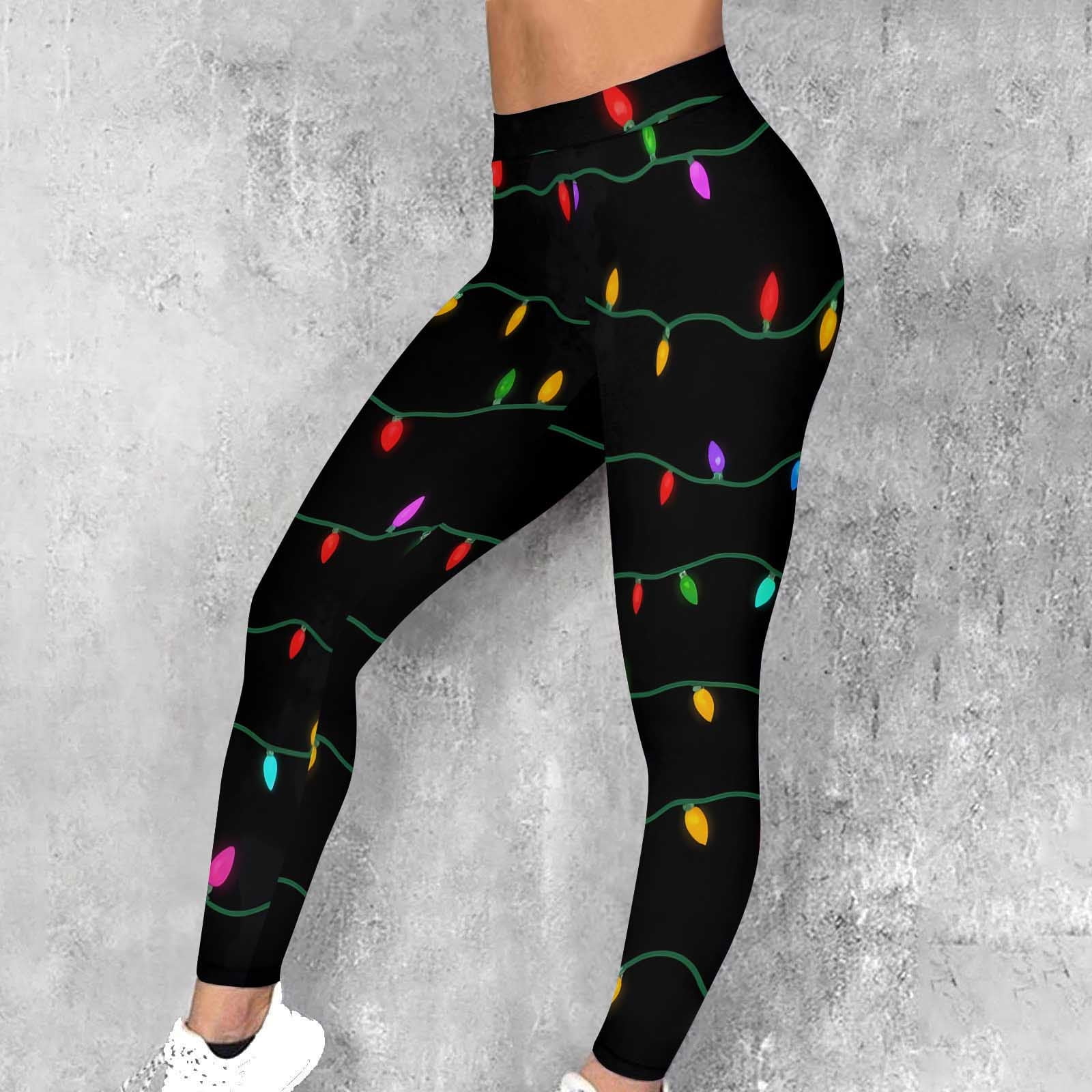 Voncos Womens Black Christmas String Lights Leggings - Stretchy Slim ...