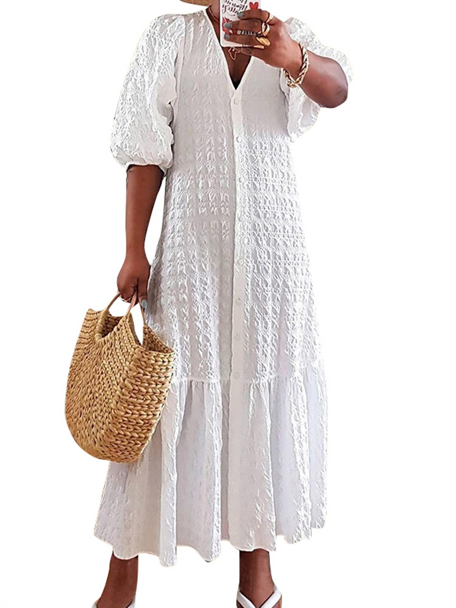 VONDA Women's Summer Half Sleeve Loose Ruffle Hem Dress with V Neck and ...