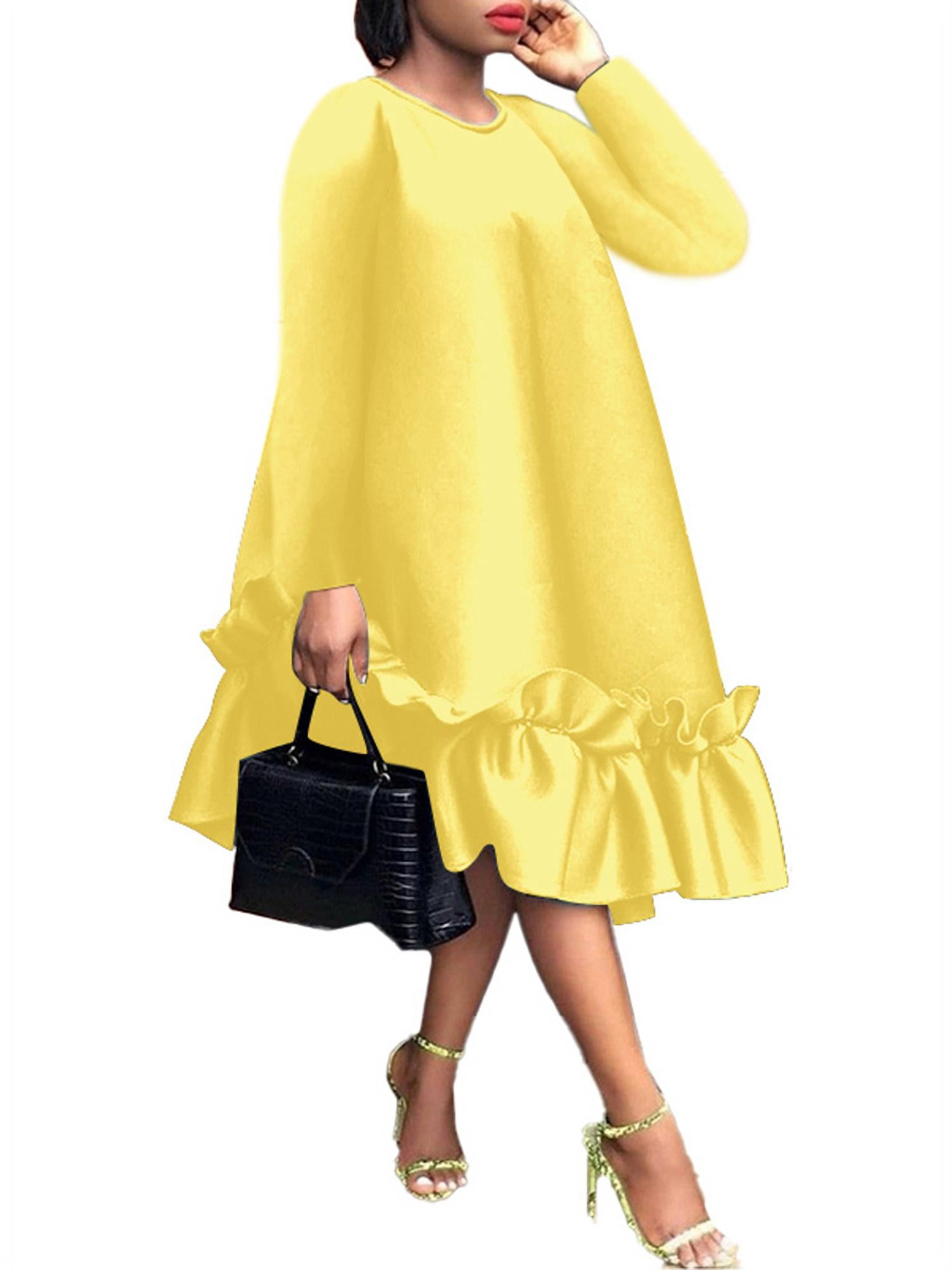 Women's Long Sleeve Calf-Length Dress, Vintage Ruffle Hem, 100% ...