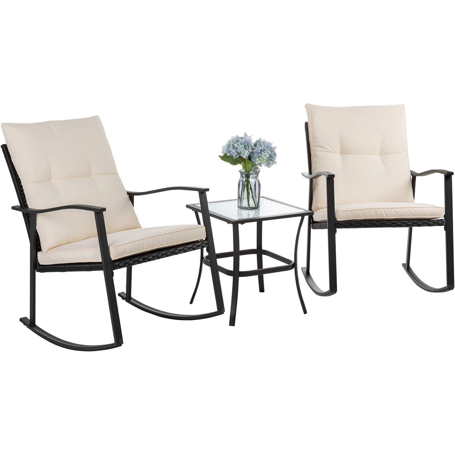 Vongrasig 3 Piece Outdoor Rocking Chair Set, PE Wicker Rattan Small ...