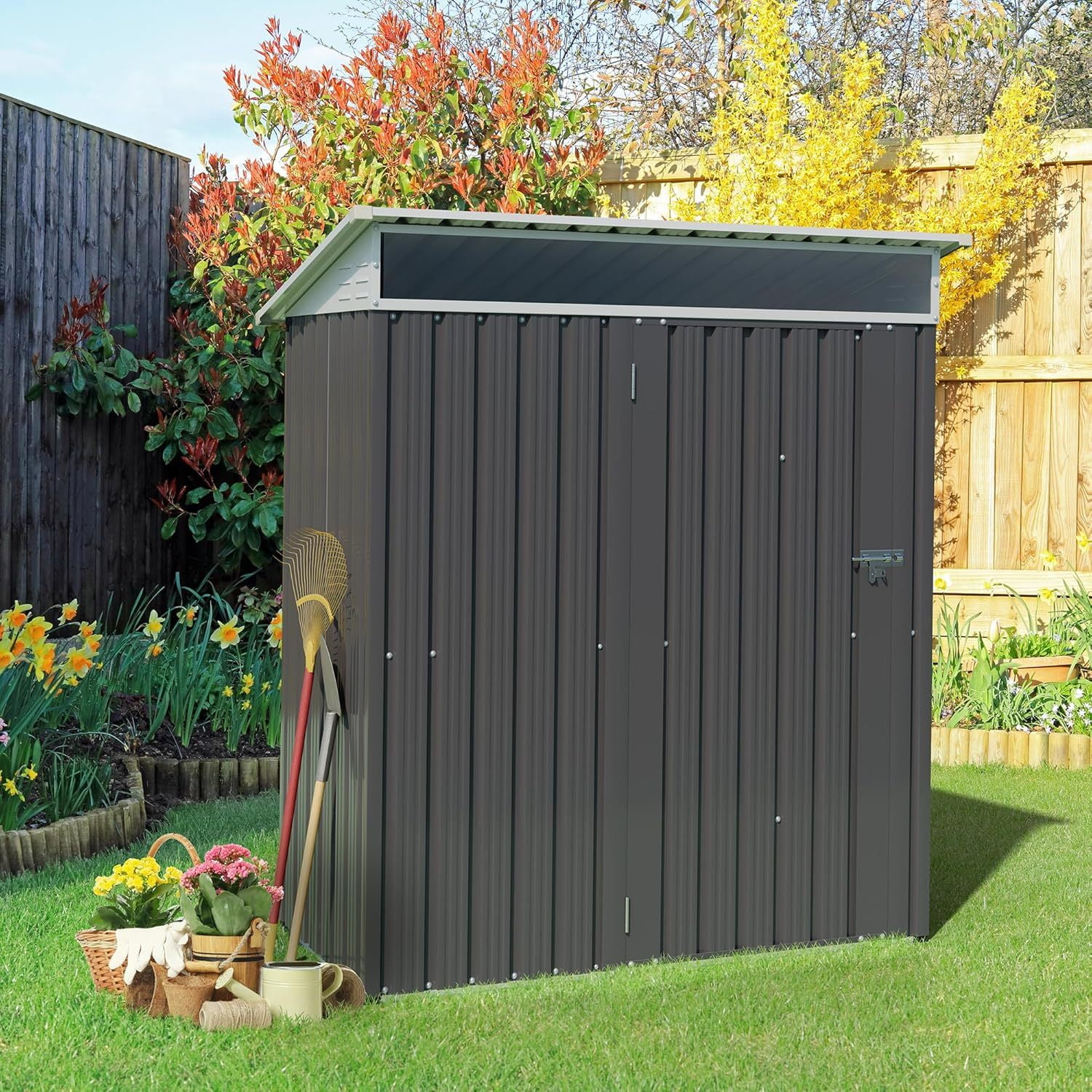 Vongrasig 5 x 3 x 6 FT Outdoor Storage Shed Clearance, Metal Garden Shed with Large Window and ...