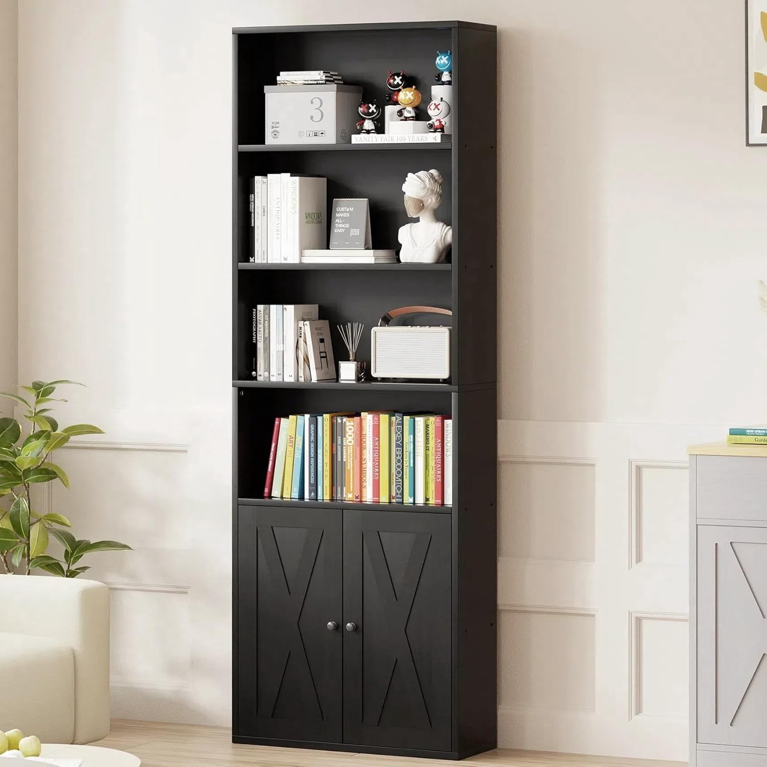 Vongrasig 6-Tier Open Bookcase and Bookshelf with Doors, Floor Standing ...