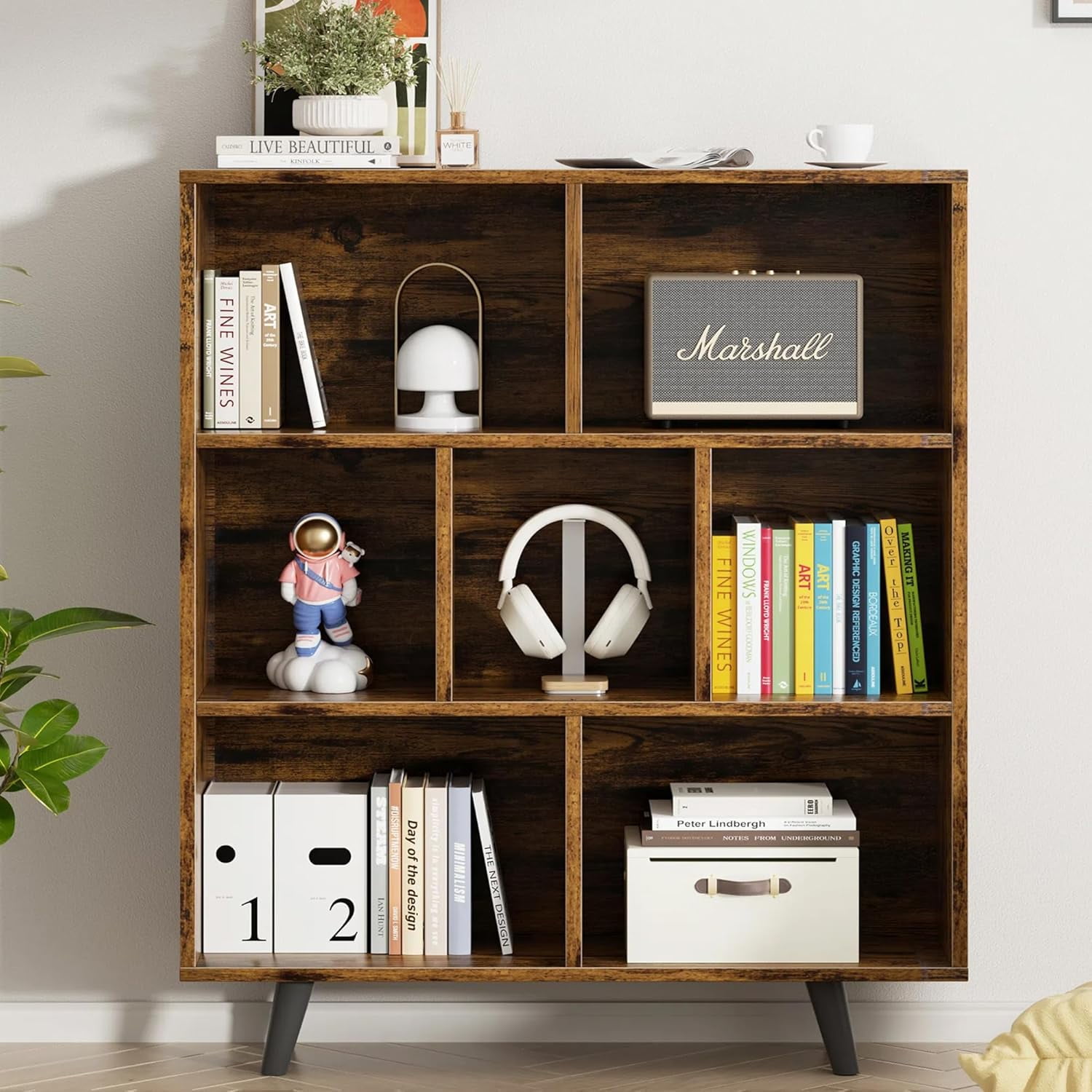 Vongrasig 7 Cube Bookshelf, 3 Tier Mid-Century Modern Bookcase with ...