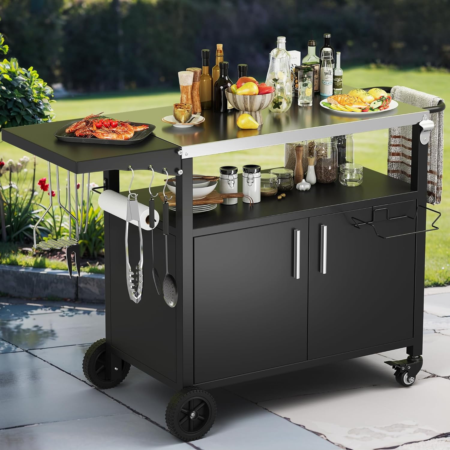 Vongrasig Grill Cart with Storage, Outdoor Bar Cart Rolling BBQ Cart ...