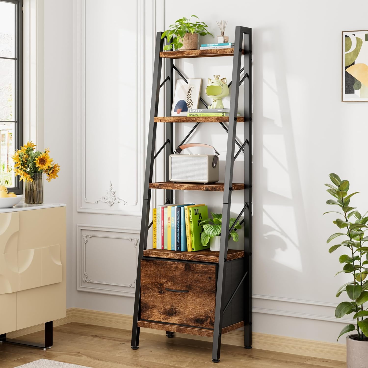 Vongrasig Ladder Bookshelf with Drawer, 5 Tier Industrial Bookcase ...