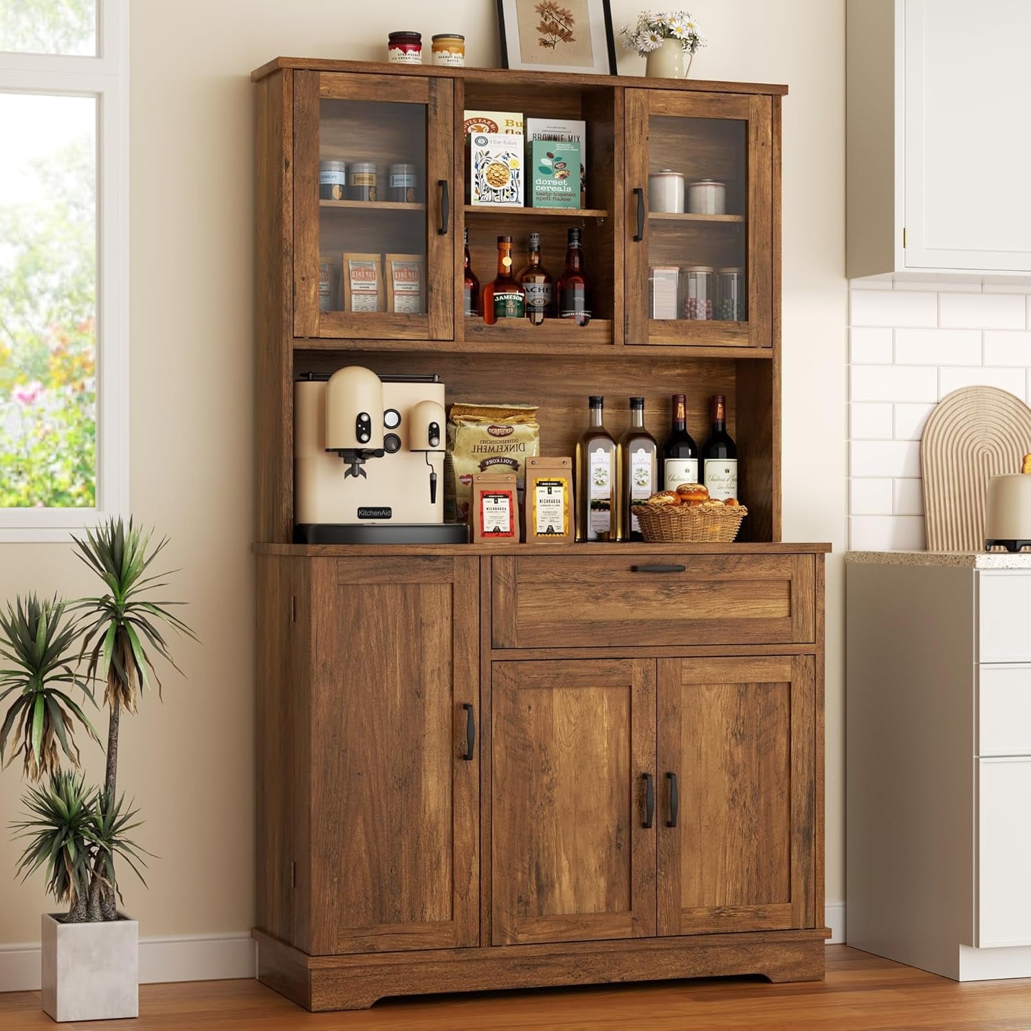 Vongrasig Tall Kitchen Pantry, Food Storage Pantry Cabinet with Hutch ...