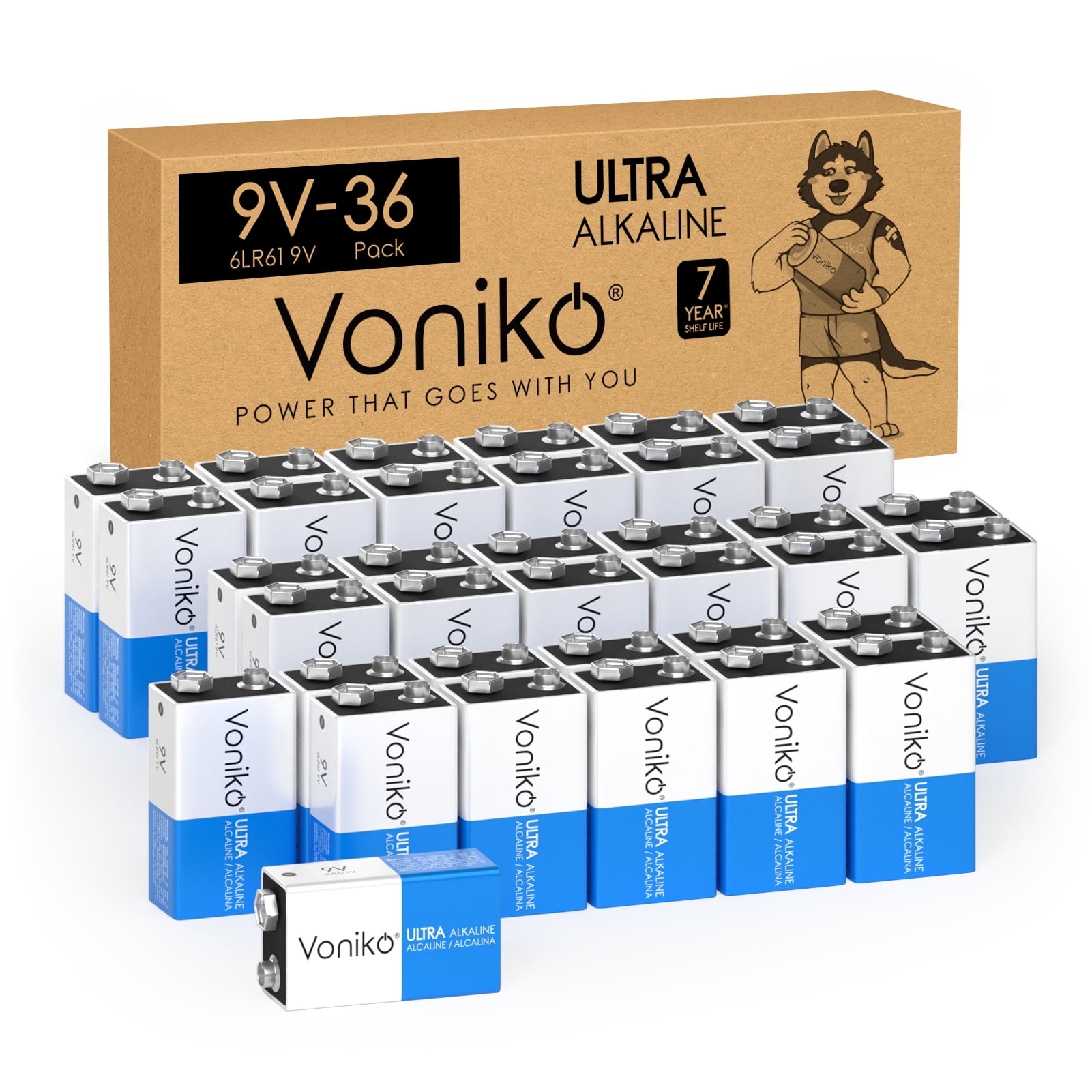 Voniko Alkaline 9V Batteries 36 Pack Long Lasting with 7 Year Shelf ...