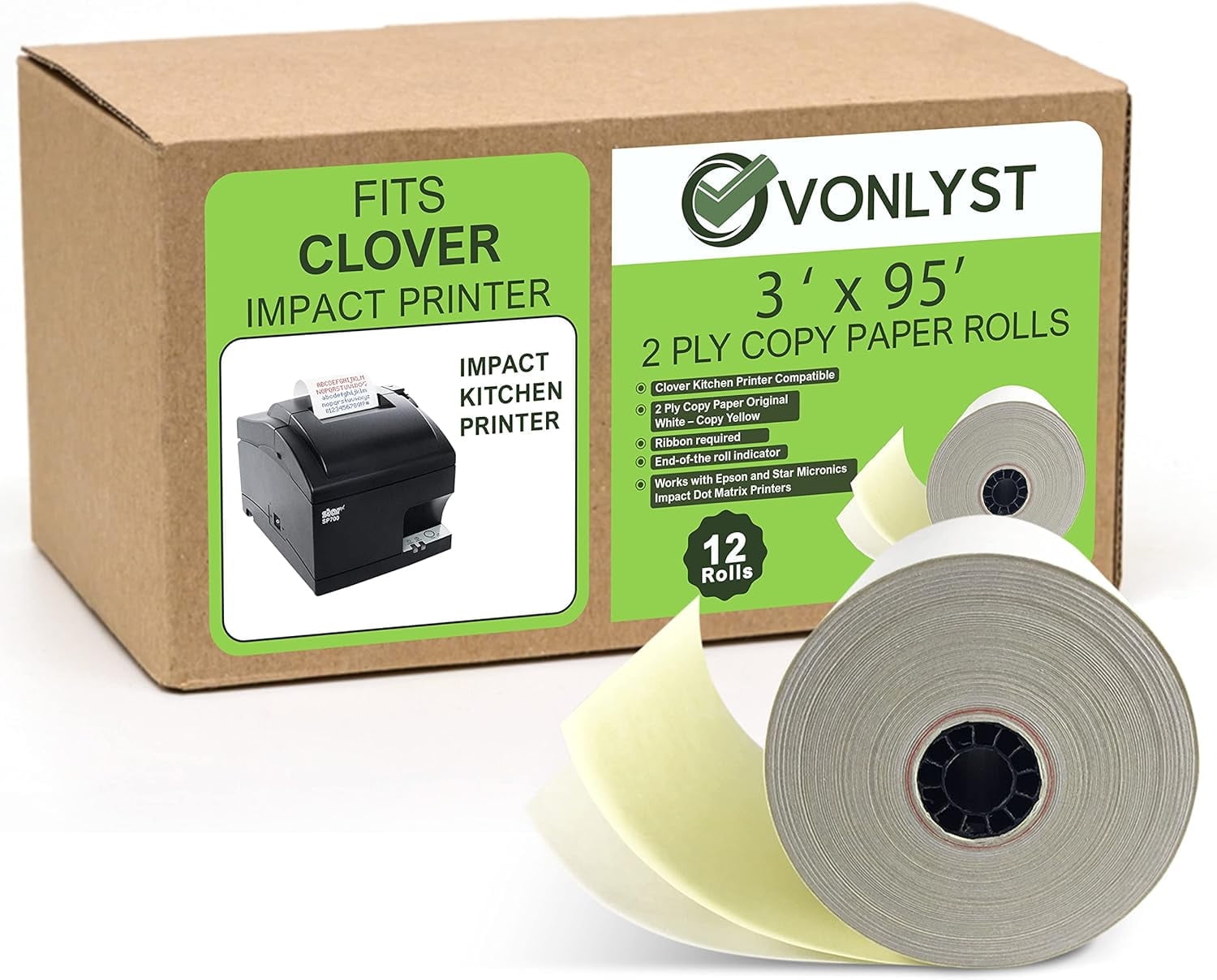 Vonlyst Two Ply Copy Carbonless Rolls 3x95 White/Canary for Clover ...