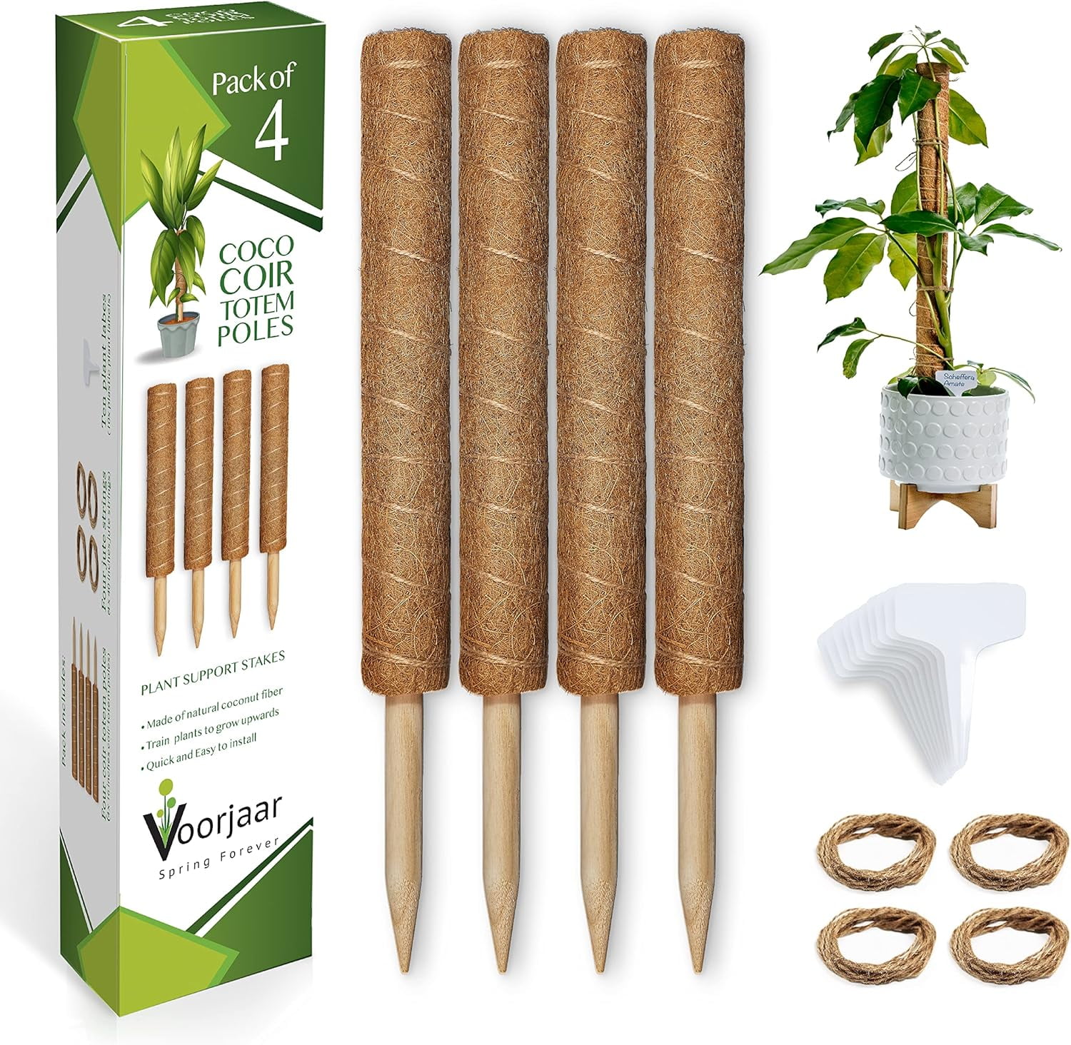 Voorjaar Moss Pole for Plants Monstera Stackable Upto 49 Inches - 4 Pcs Sturdy 16" Coco Coir ...