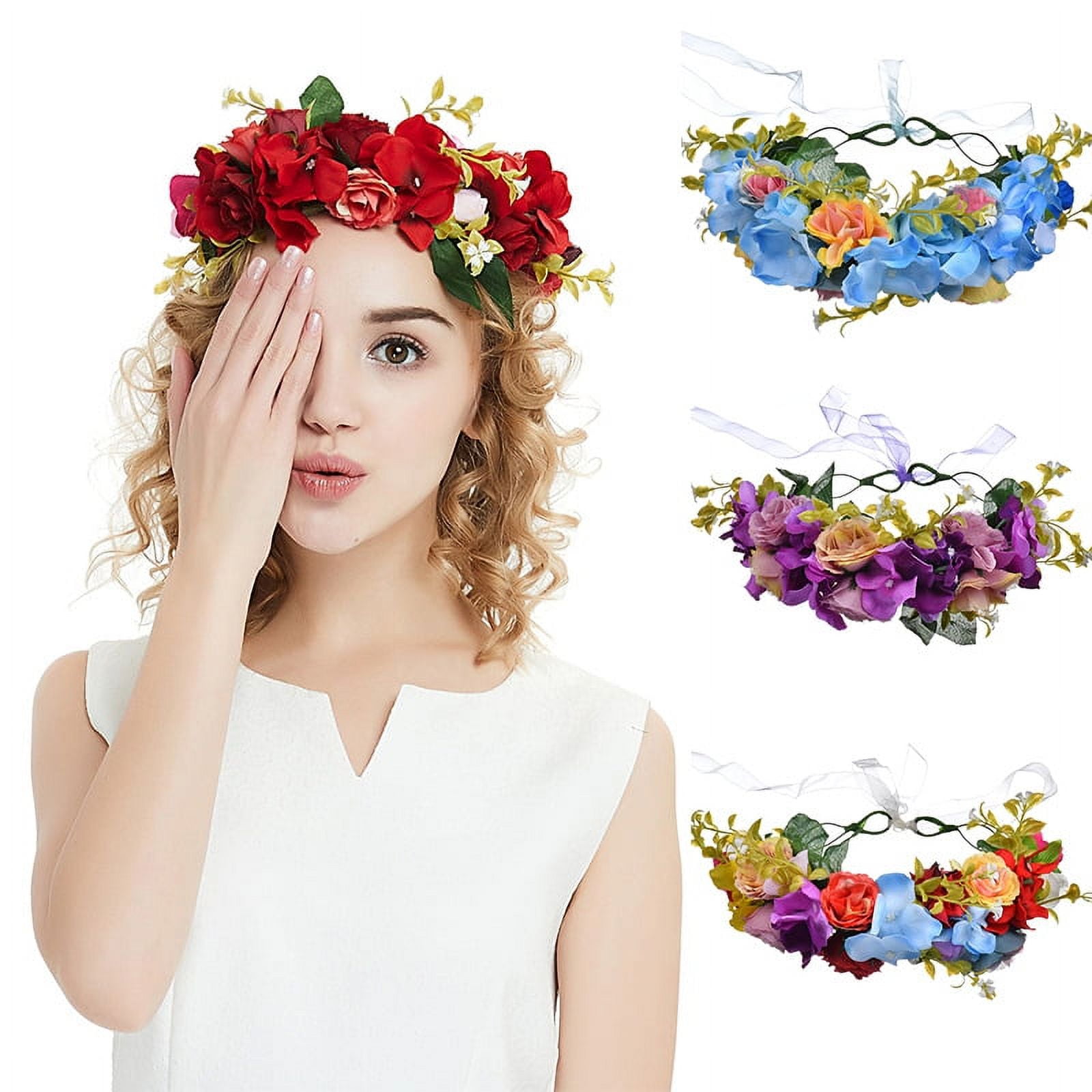 Vorkoi Boho Flower Crowns Floral Wreath With Ribbon Halo Headbands ...